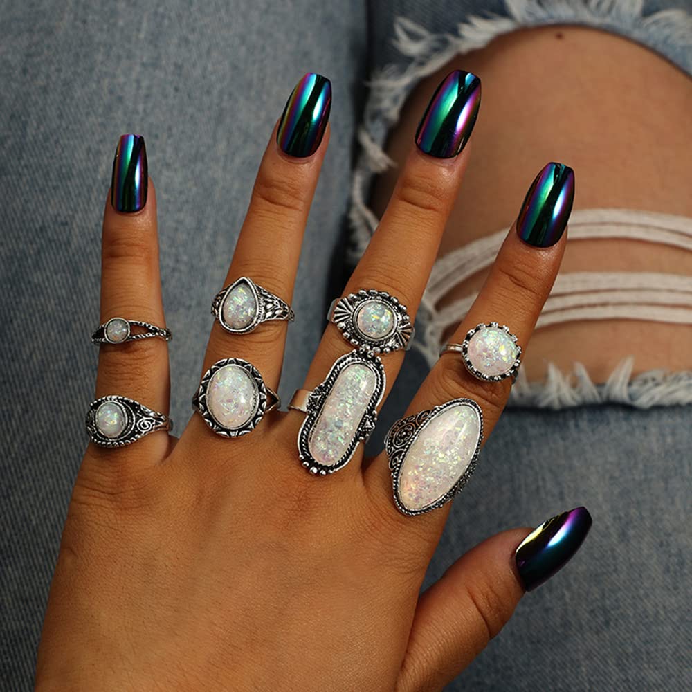 Jumwrit Vintage Oval Gemstone Ring Antique Evil Eye Opal Gemstone Rings Crown Knuckle Stackable Mood Rings Set for Women(8 PCS)