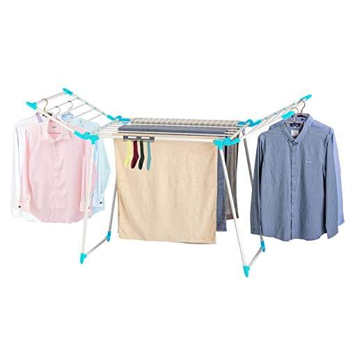 YUBELLES Clothes Drying Rack, Gullwing Laundry Rack, Collapsible, Space-Saving Laundry Rack, with Bonus Sock Clips, for Clothes, Towels, Linens, Indoor/Outdoor, Cyan