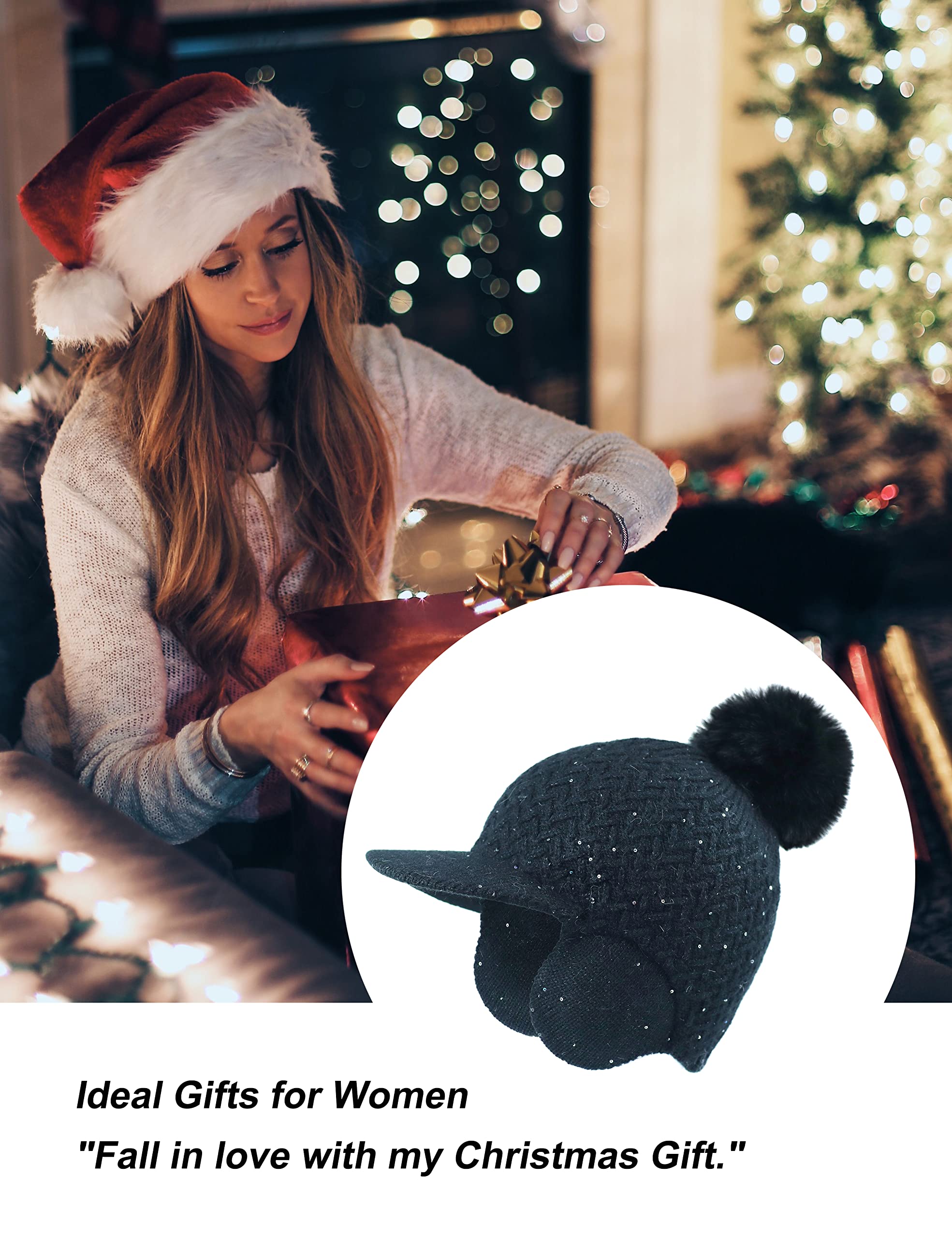 Koreshion Women Winter Beanie Hat with Faux Fur Pom Warm Earflap Sequins Knit Hat with Brim Black