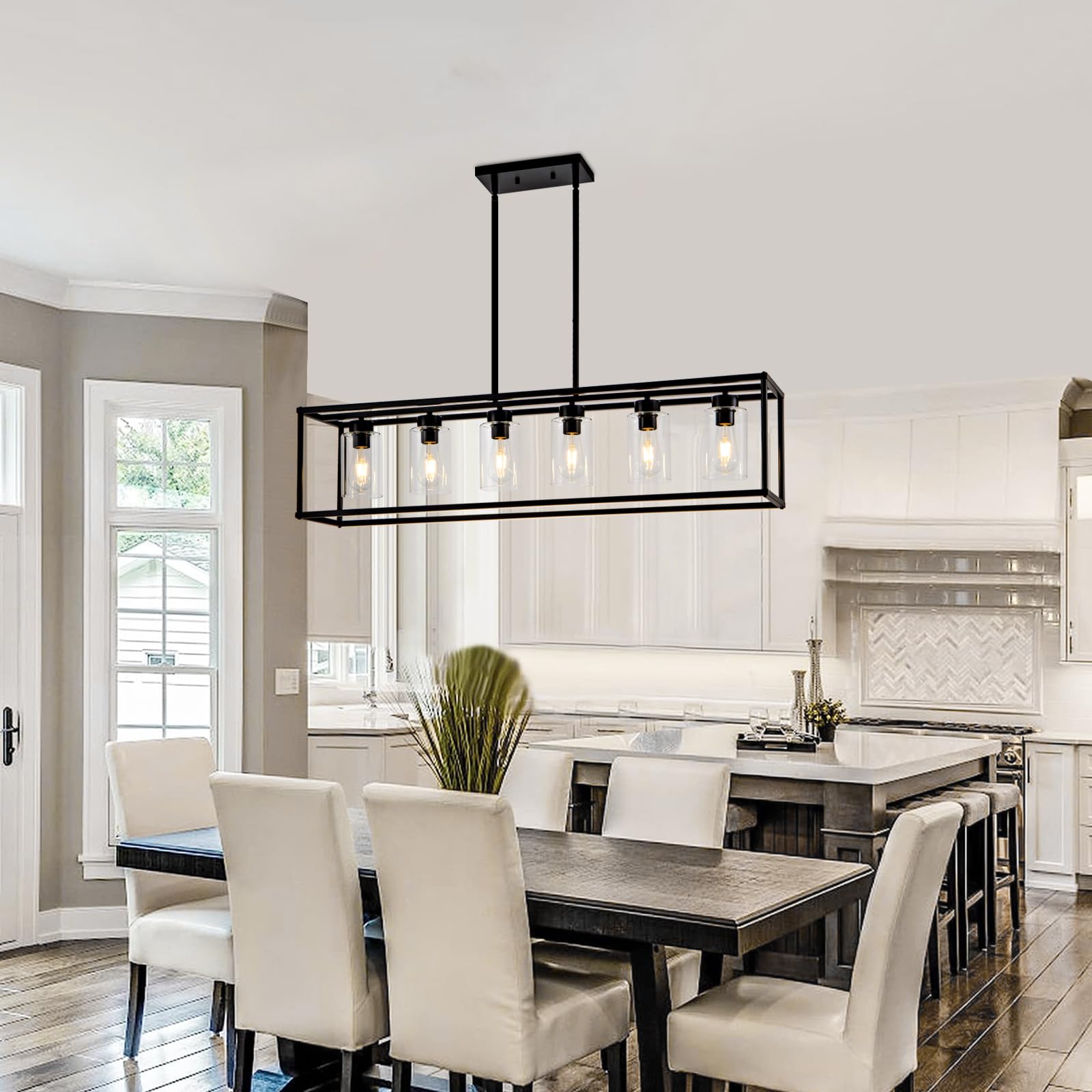 HCCZ 6 Light Dining Room Light Fixture Black Farmhouse Chandelier Kitchen Island Pendant Lighting Rectangle Modern Industrial Living Room Hanging Lights Adjustable Height