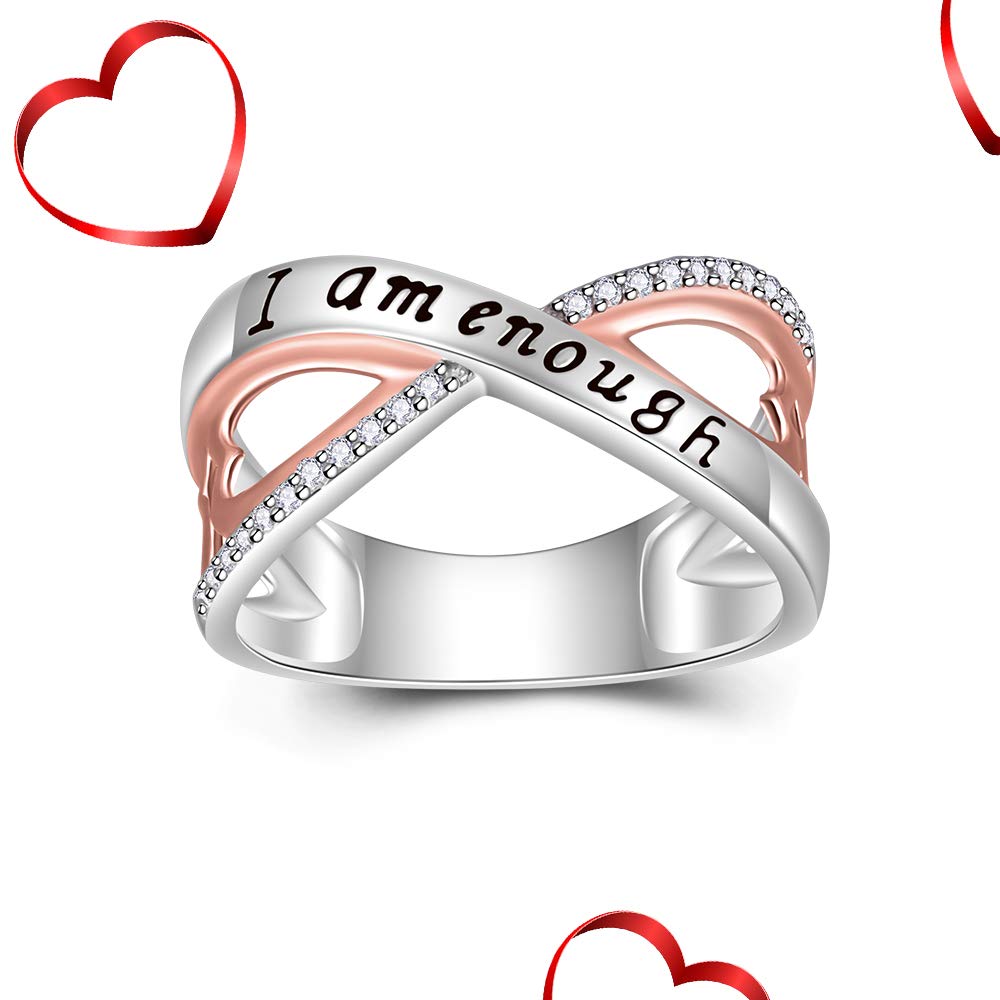 I am Enough Ring s925 Sterling Silver Inspirational Engraving Dainty Crystal Diamond Jewelry for Women Encouragement Rings Size 6 ft