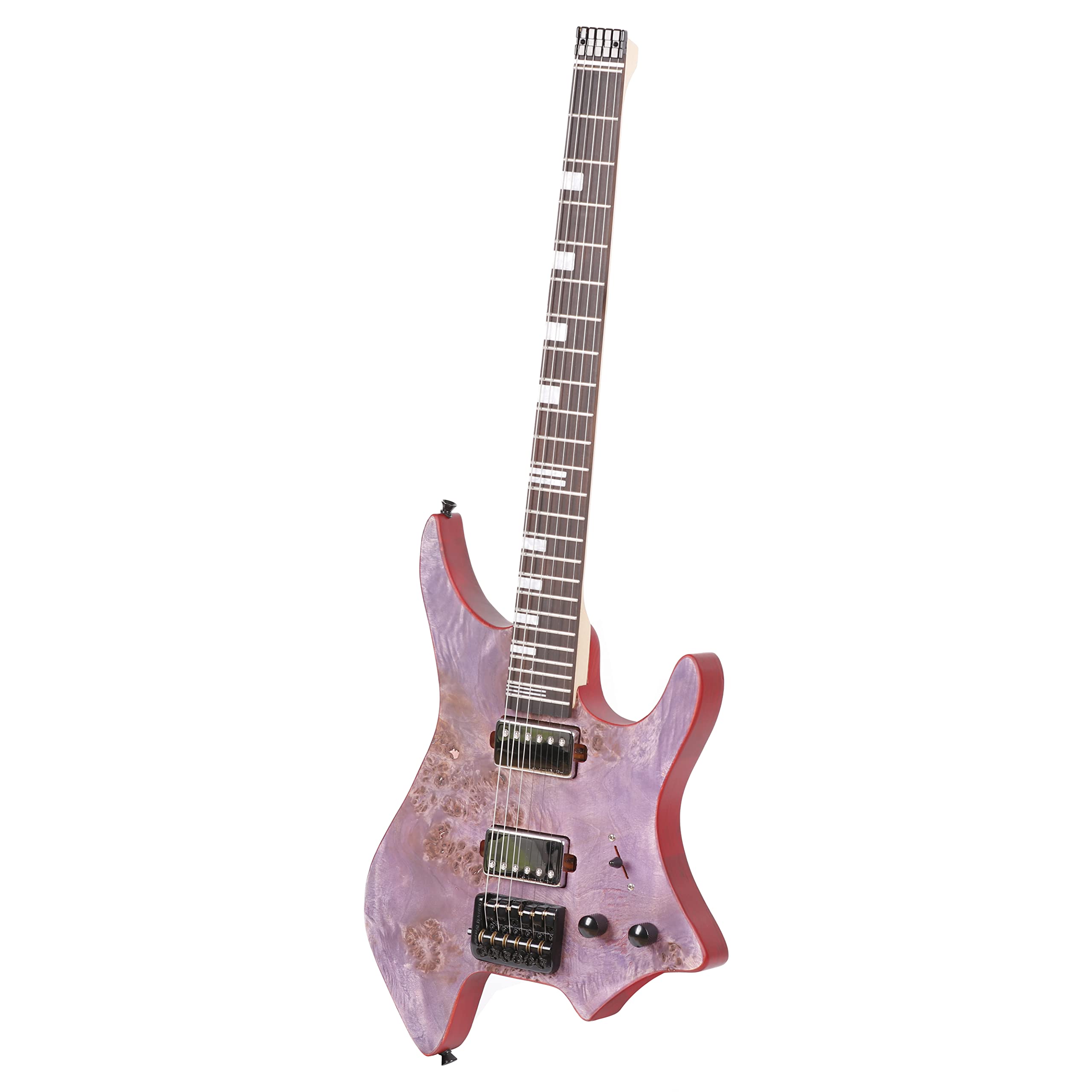 Leo Jaymz 6 Strings Headless Electric Guitar - Full Scale Travel Guitar - Mahogany Body and 5 piece Maple Neck - Burl Veneer,rounded end frets,Customized Pickups (Purple)