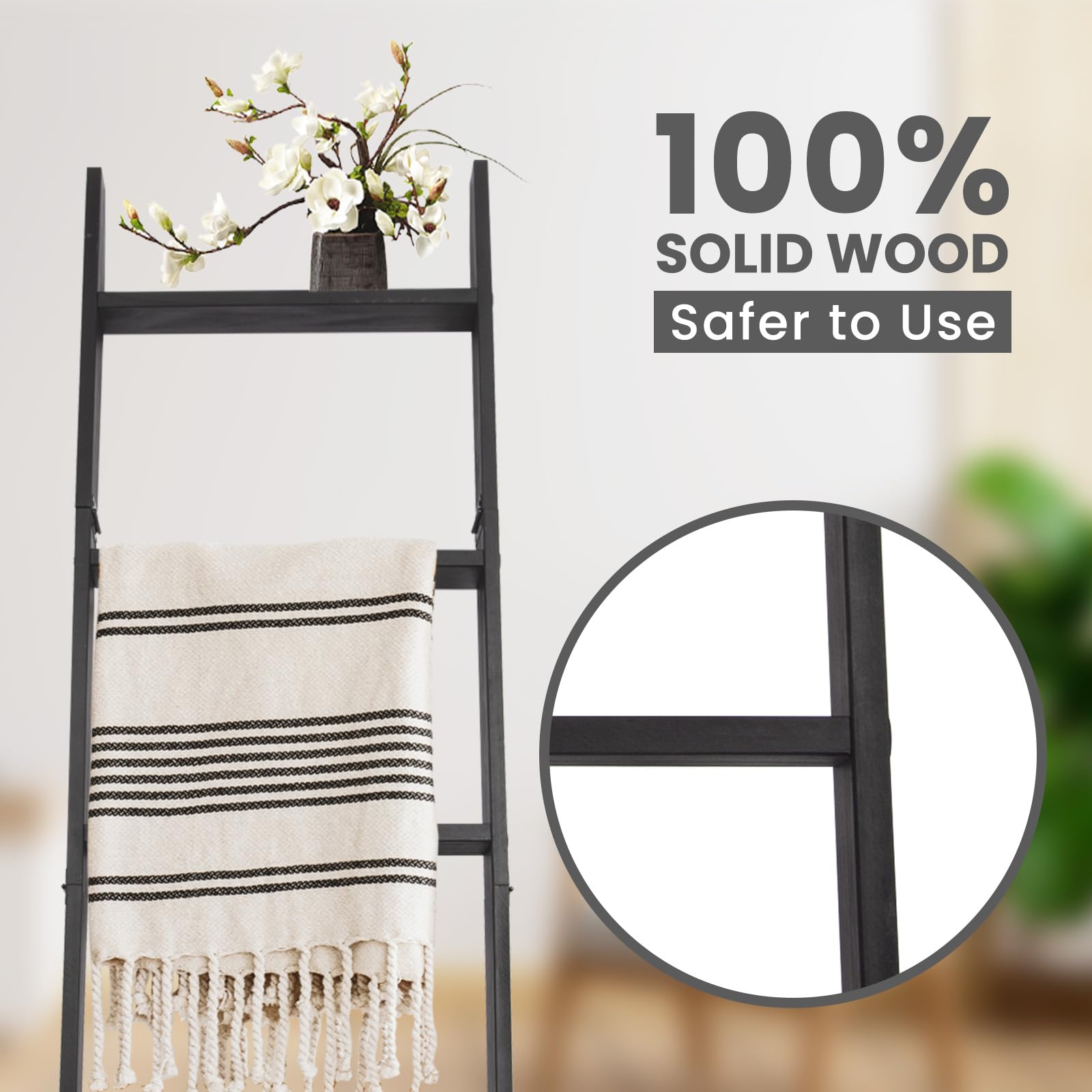 HYBDAMAI Blanket Ladder, 5-Tier Wooden Quilt Stand, Decorative Ladder Shelf, Leaning Shelf, Wall Leaning Blanket Ladder Towel Storage Rack for Living Room (Black)
