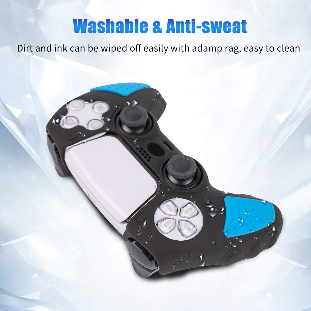 Junfire PS5 Controller Cover, Anti Slip Sweat-Absorbent Soft Controller Skin for Playstation 5 DualSense Remote with 6 Thumb Grips, PS5 Controller Accessories Set-BlackBlue