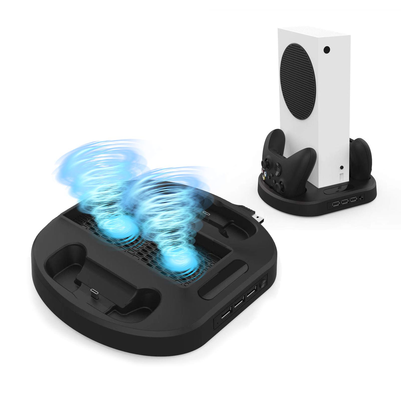 ICQUANZX Vertical Stand for Xbox Series S with Cooling Fan Xbox Series S Stand Controller Charge Station with Dual Controllers EXT Port Charger Dock and 3 USB HUB