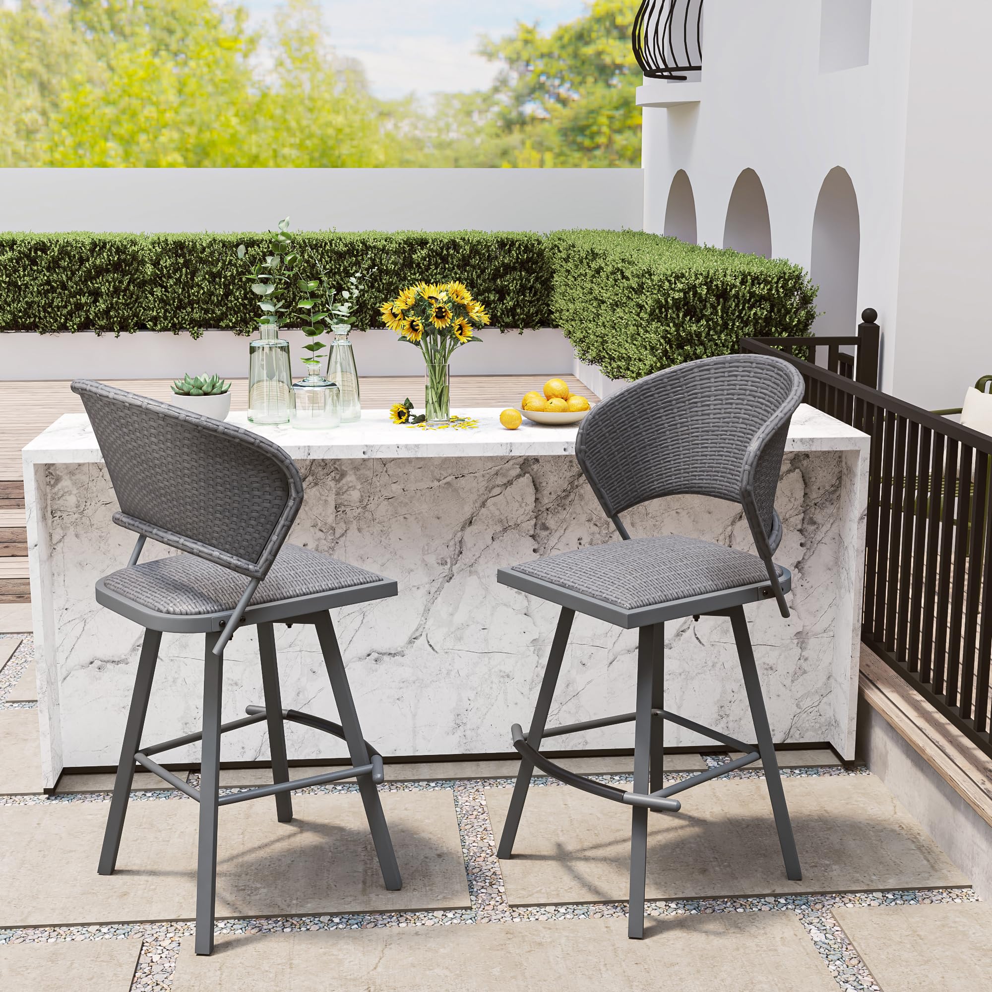 VICLLAX Outdoor Swivel Bar Stool Set of 6, Patio Bar Chairs Metal Counter Height Bar Stools Wicker Barstools for Garden Balcony Porch, Light Grey
