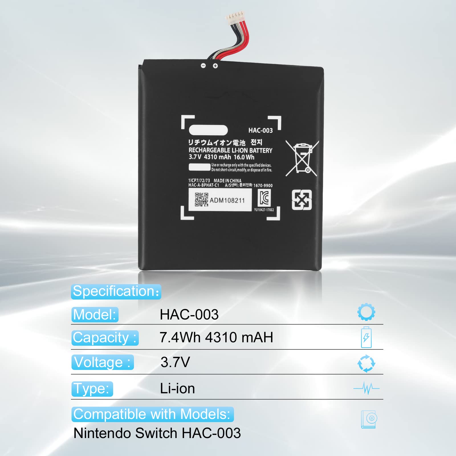 JUBOTY 4310mAh HAC-003 Battery for Nintendo Switch Game Console Model HAC-003 2017 HAC-001 Battery, 2023 New Upgrade High Conversion Li-ion High Capacity Battery Replacement with 4 Repair Tools