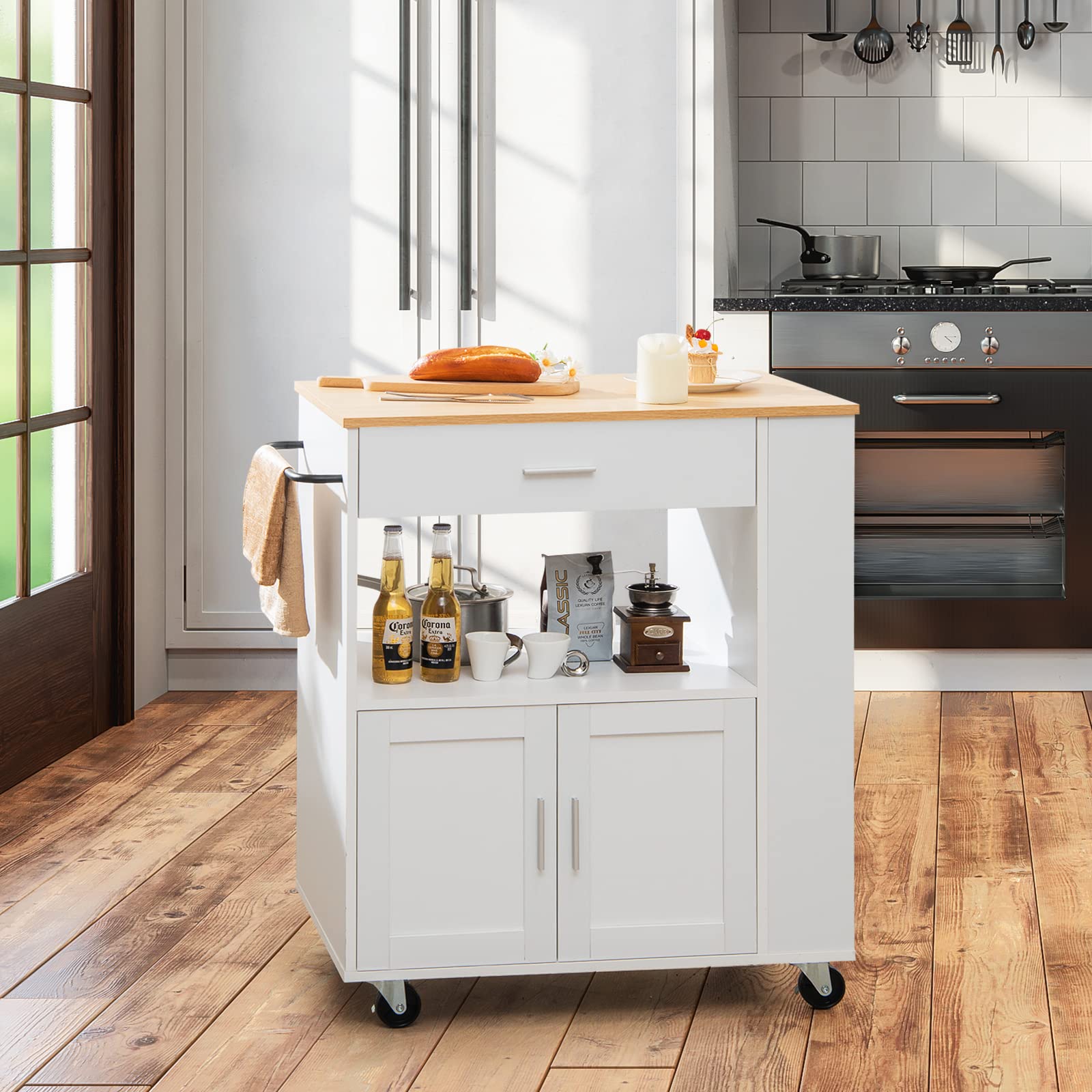 Giantex Kitchen Island on Wheels, Rolling Trolley Cart with 3 Spice Racks, 2-Door Cabinet, Storage Drawer, Open Shelf, Kitchen Serving Cart for Dining Room Bar (White)