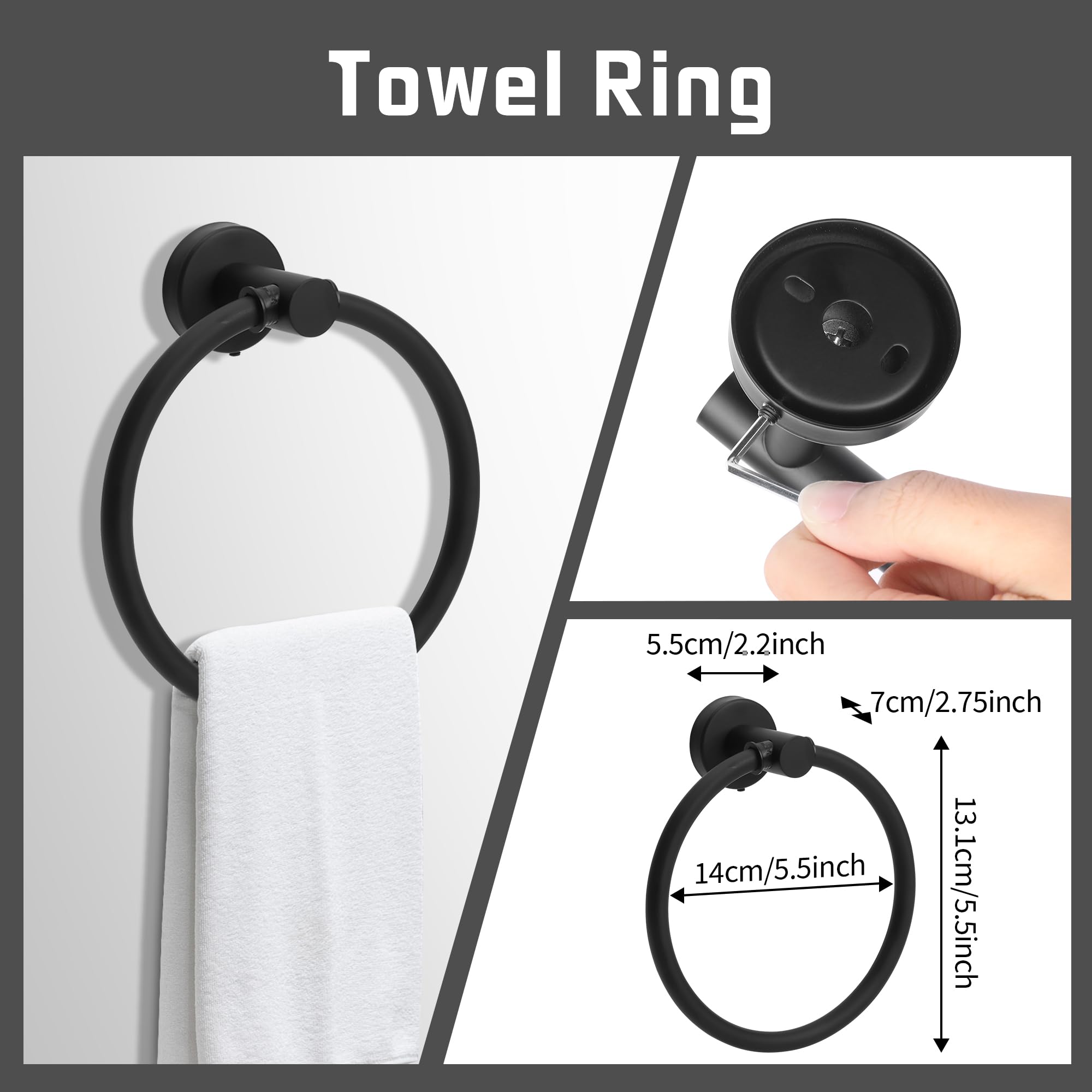 HAKJHAA Bathroom Hardware Set 4 Pieces - SUS 304 Stainless Steel Towel Rack Set - Includes 16In Towel Bar, Toilet Paper Holder, Towel Ring, Robe Towel Hooks - Wall Mounted Black