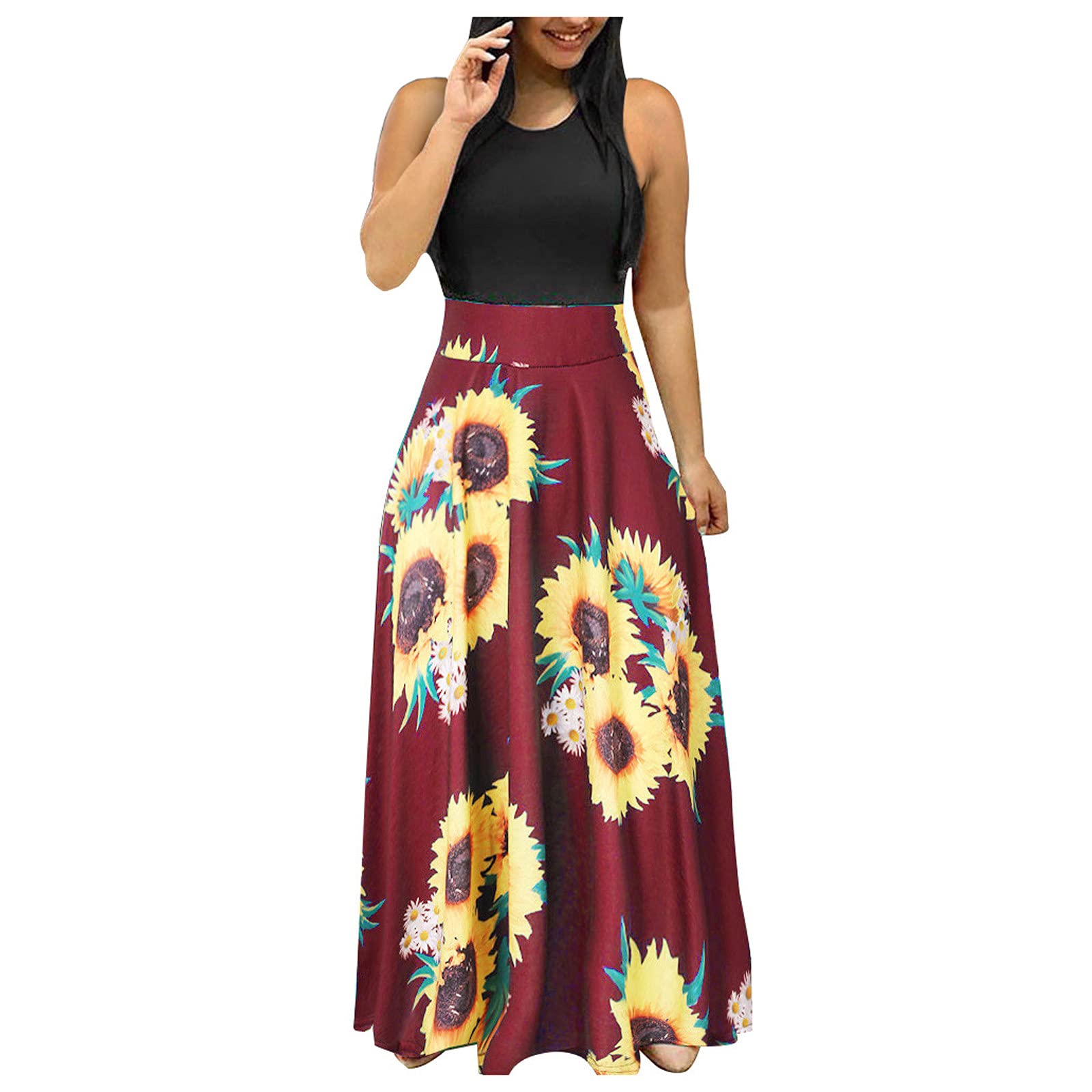 Keepfit Women Sunflower Printing Cami Long Dress Patchwork Pattern Printing Sleeveless Pleated High Waisted Dress