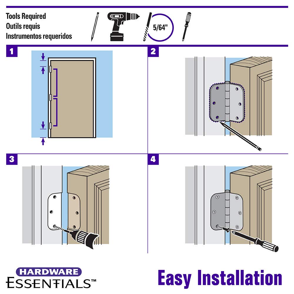 Hardware Essentials 854323 Smooth Corner Squeak-Proof Door Hinges, 3-1/2 inch, 3-1/2", Satin Nickel, 3 Pieces