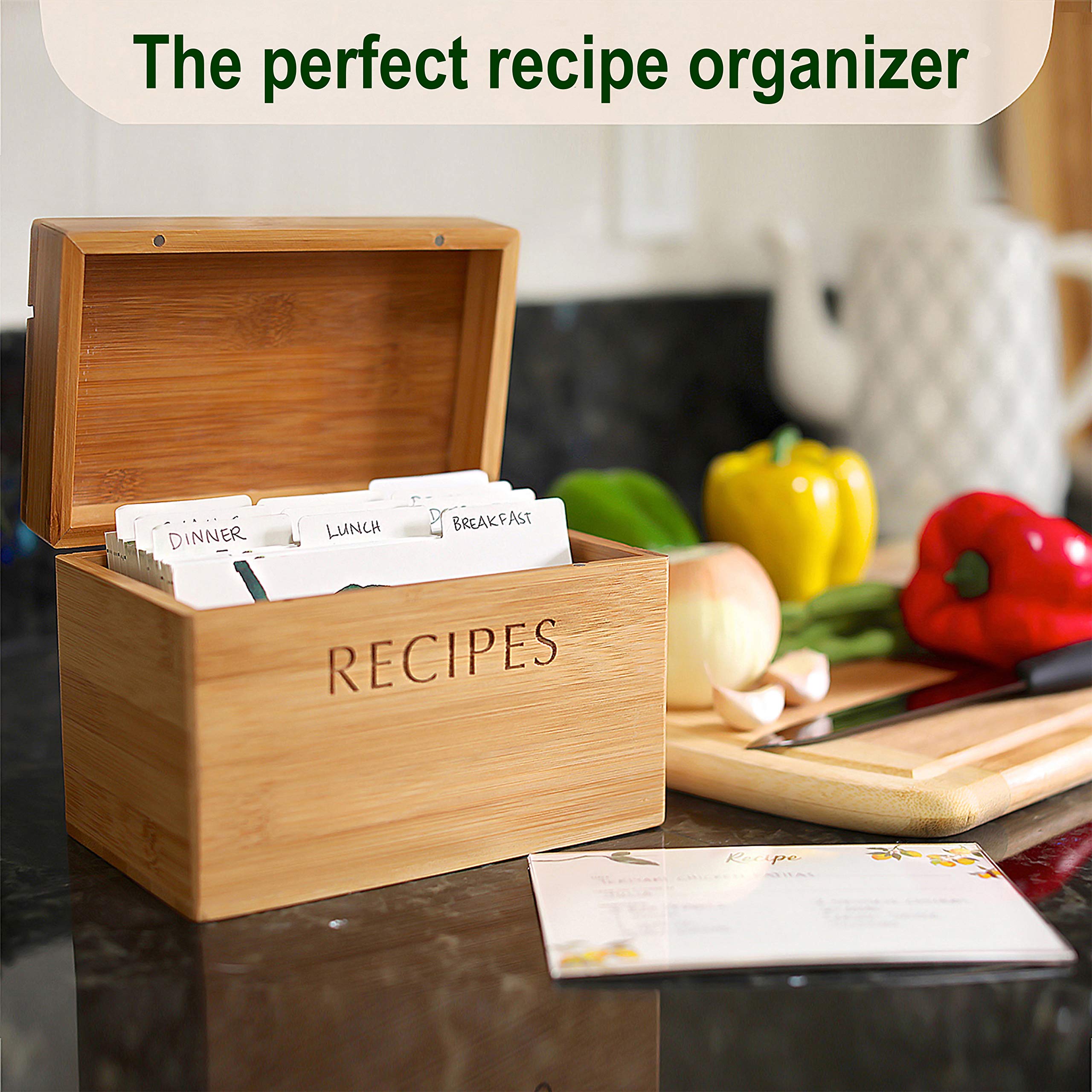 Mint & Elm Recipe Box with 100 Cards and 10 Dividers - Recipe Organizer Includes Plastic Holder for 4x6 Cards (Natural Bamboo)