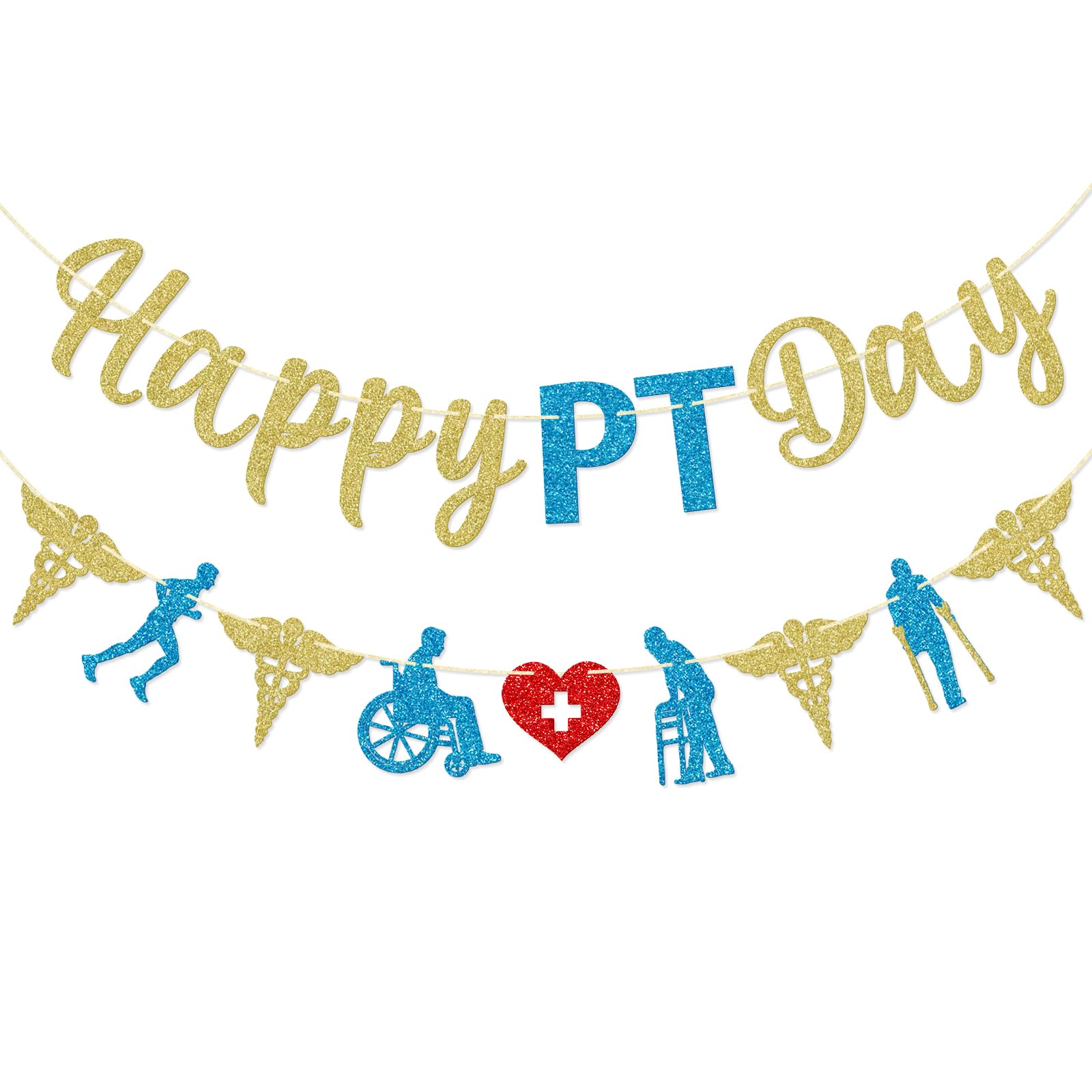 Qttier Happy PT Day Banner, Physical Therapist Day Banner, Physical Therapist Appreciation Party Decor, Happy PT Day Sign, Gold & Blue Glitter