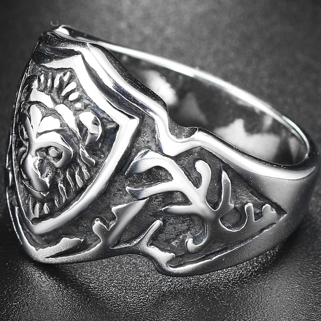 Jude Jewelers Retro Vintage Stainless Steel Medieval Shield Lion Style Biker Party Ring (Silver, 9)