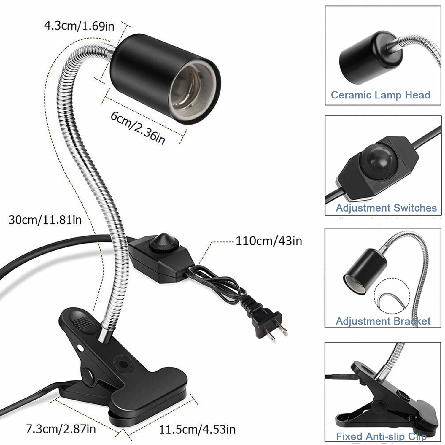 Heat lamp for reptiles,UVA UVB Turtle Heating Lamp with Two Heat Bulbs, Turtle Basking Light with 360° Rotatable Hose & Clamp & Adjustable Switch for Bearded Dragon Reptiles Turtle Lizard Snake