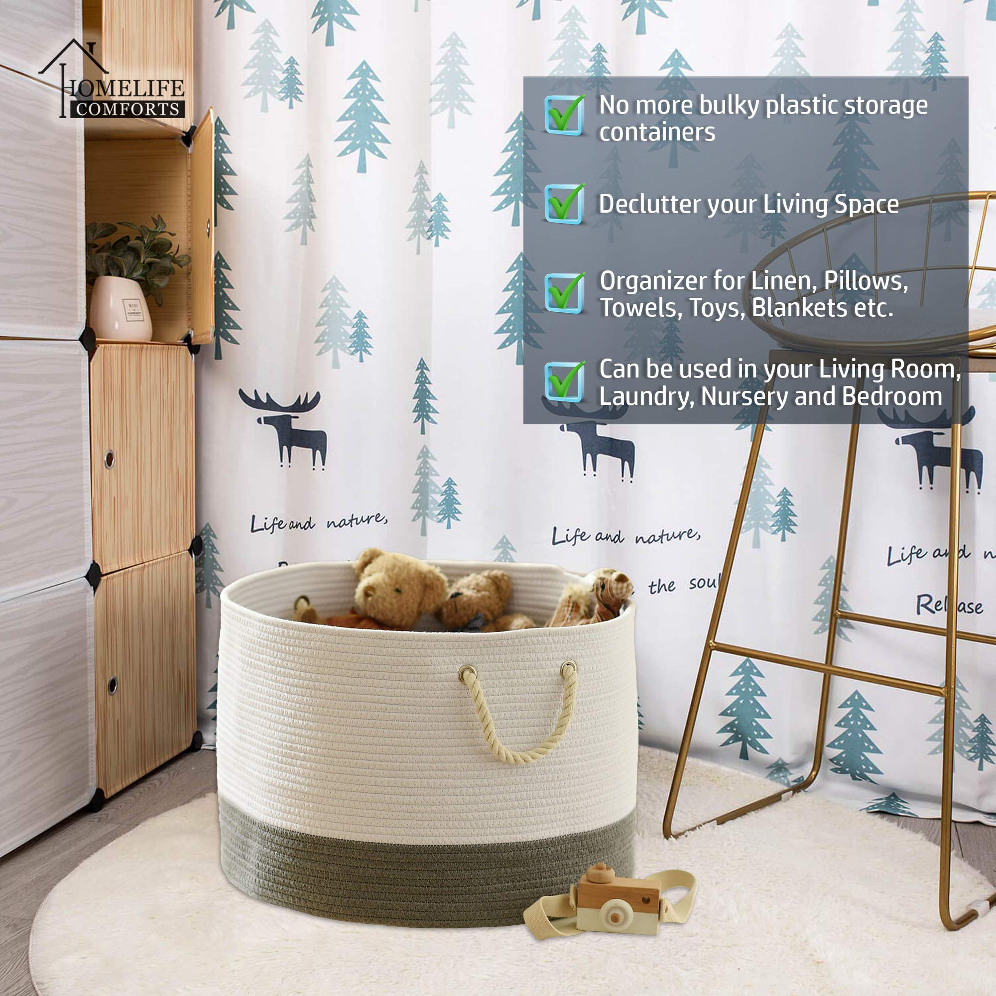 HomeLife Comforts XXL Woven Cotton Rope Basket | 20"x13" Blanket Pillow Towel Baby Toy Nursery Storage Organizer | Decorative Clothes Hamper Bin | Extra Large White Grey as Decor Gift for Laundry Room