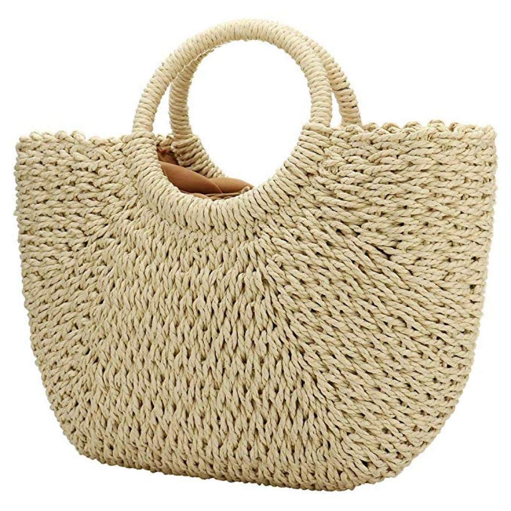 Hand-woven Straw Large Hobo Bag for Women Round Handle Ring Toto Retro Summer Beach Straw Bag (Beige)