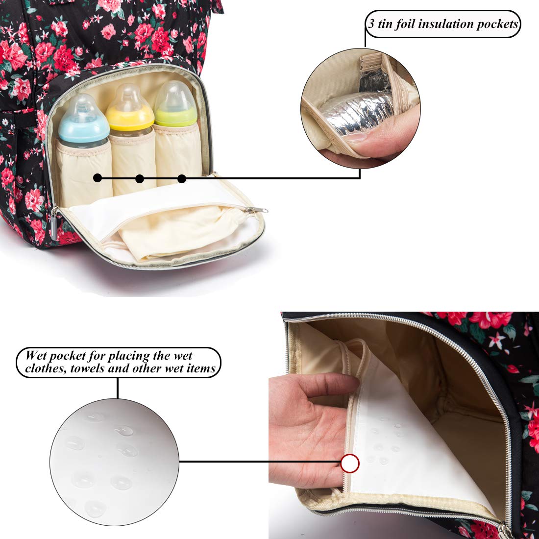 hopopower Diaper Bag Backpack, Diaper Bag with USB Charging Port for Mom & Dad, Large Multifunction Baby Nappy Changing Bags,Waterproof & Stylish, Floral