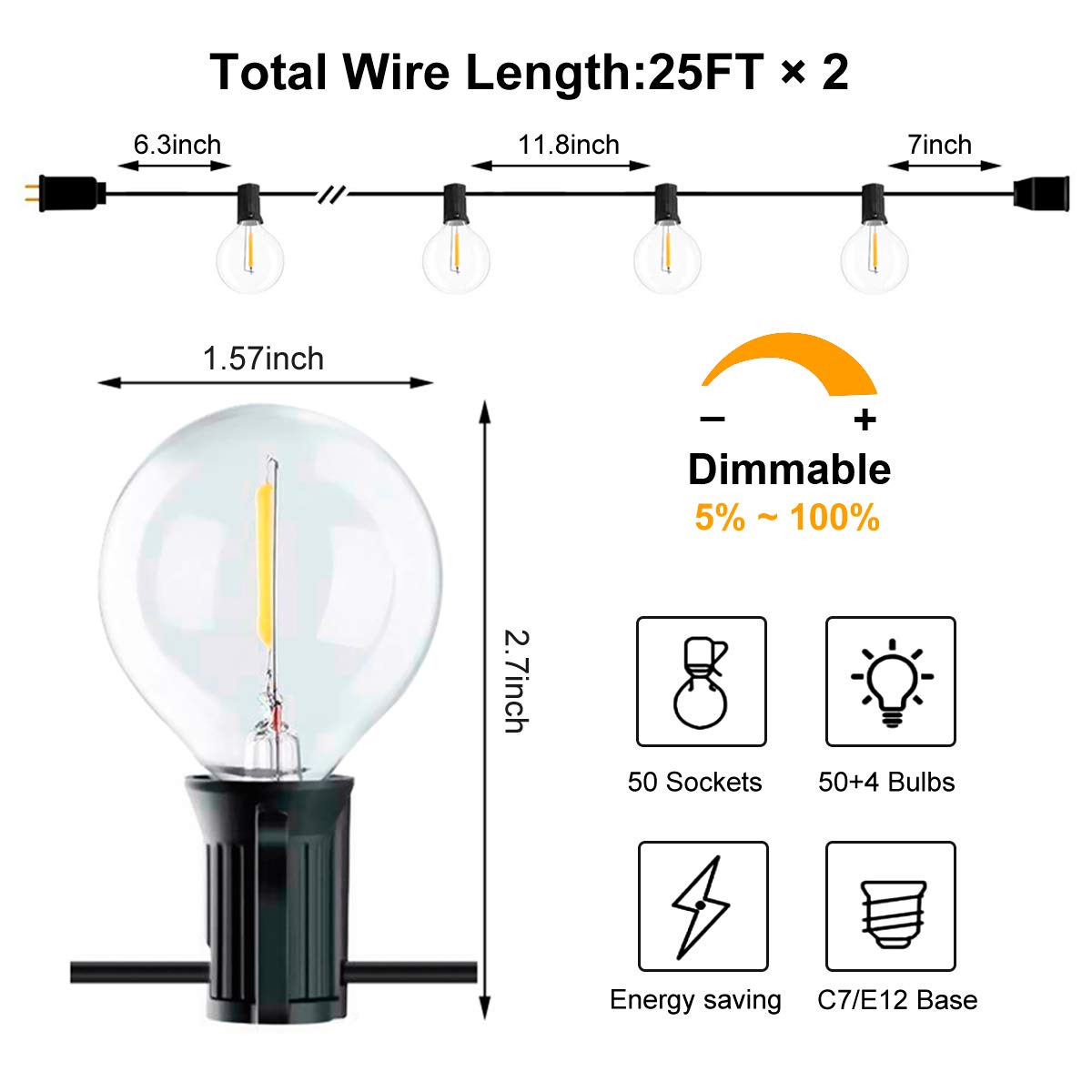 HooYan 25Ft LED G40 Patio String Lights with 50+4 Plastic Clear Bulbs - Backyard Garden Lights,Backyard Lights for Outside Commercial Decor (2-Pack)