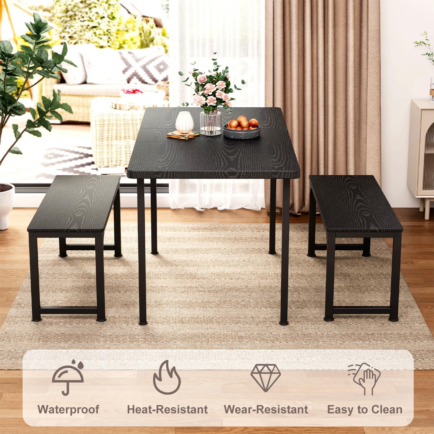Gizoon Dining Table Set for 4 to 6, Extendable Kitchen Table Set with 2 Benches, Ideal for Small Spaces and Apartment Dining Gatherings, Black