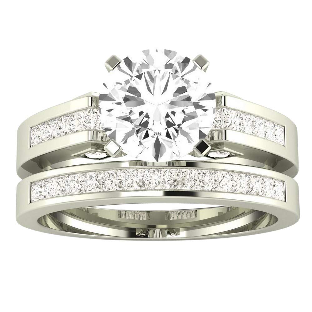 Houston Diamond District 3 Carat Lab 14K White Gold Synthetic Lab Grown Round Channel Set Princess Wedding Bridal Set IGI Certified Diamond Engagement Ring (2 Ct, H-I Color, VS1-VS2 Clarity Center)