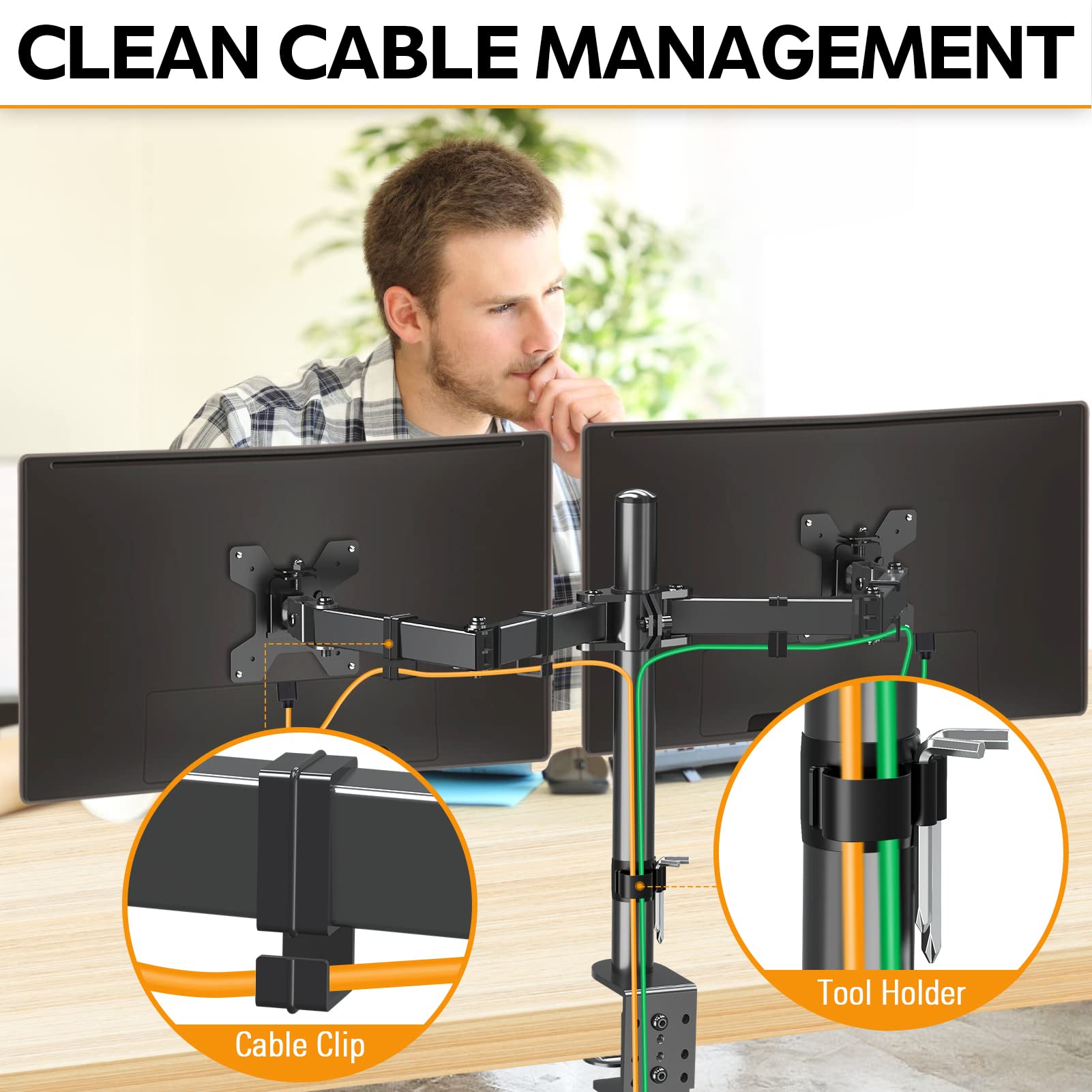 MOUNTUP Dual Monitor Stand + Full Motion Gas Spring Dual Monitor Desk Mount Bundle