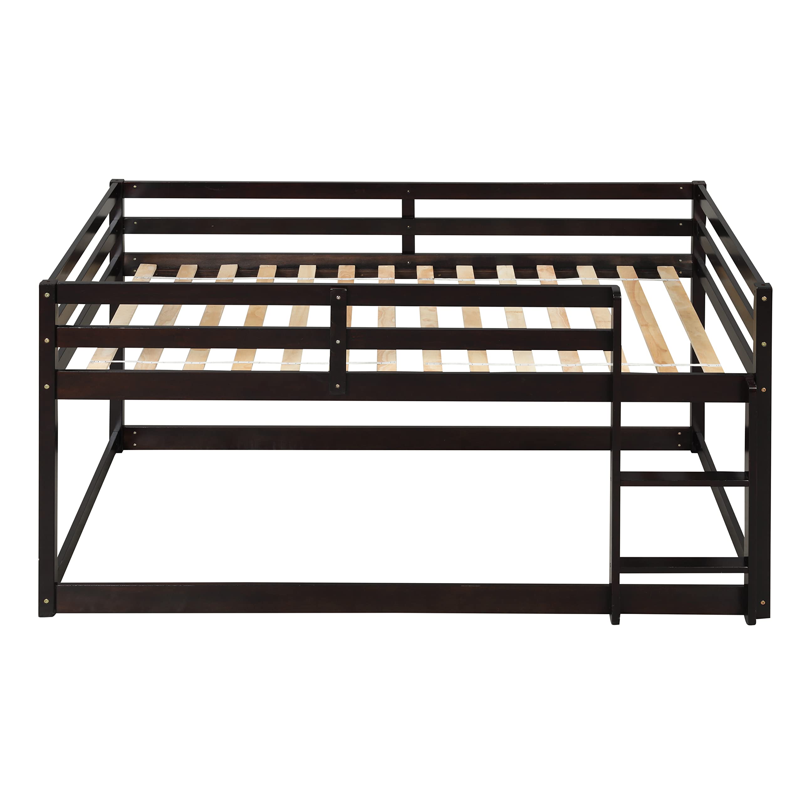 GJHOME Low Bunk Beds Twin Over Twin Floor Bunk Bed Frame Junior Loft Bed for Kids Boys Girls Teens, Espresso