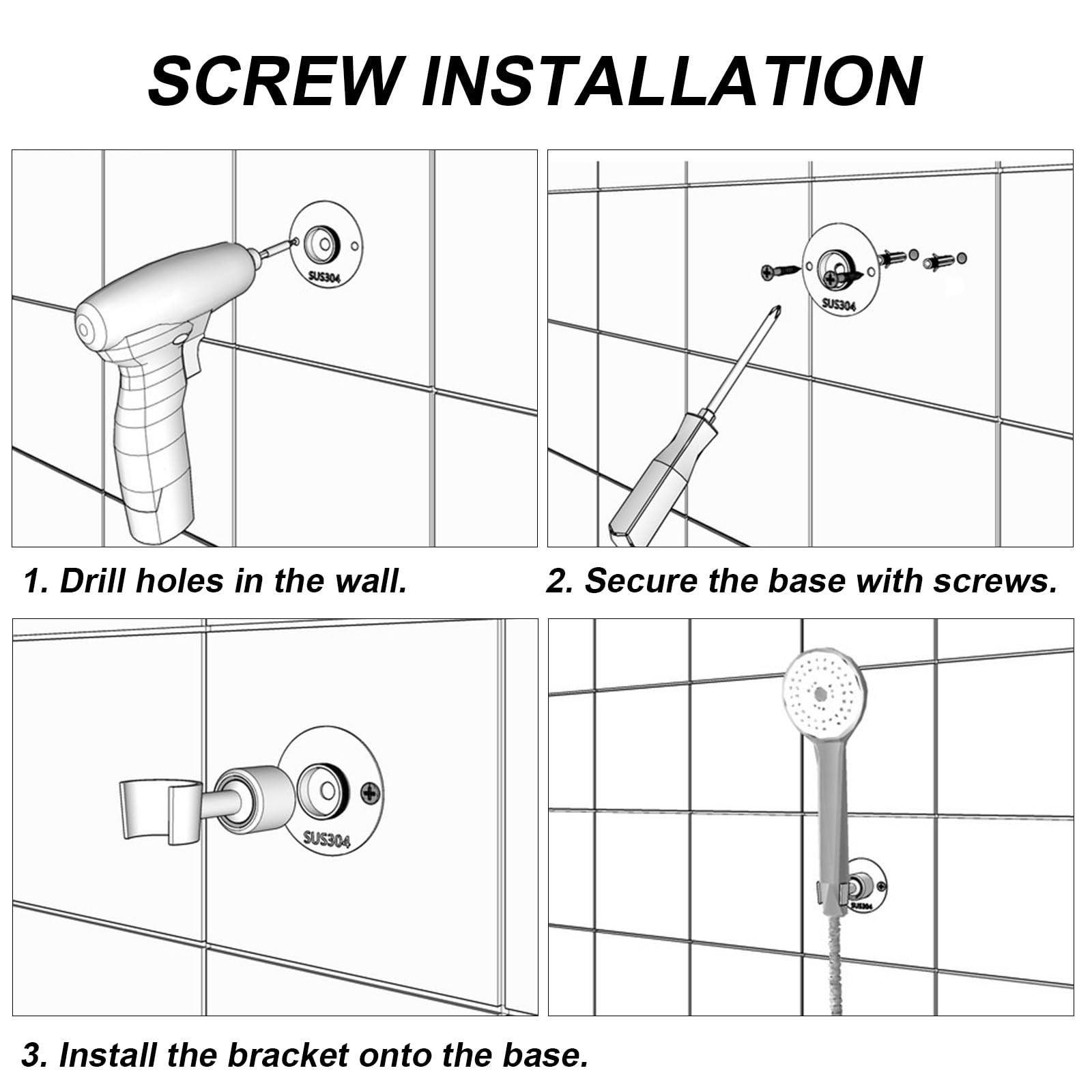 InterMaka Shower Head Holder - 360° Adjustable Stainless Steel Handheld Shower Head Bracket Holder, Shower Wand Holder Wall Mount, Nail or Adhesive Installation Shower Spray Holder for Bathroom