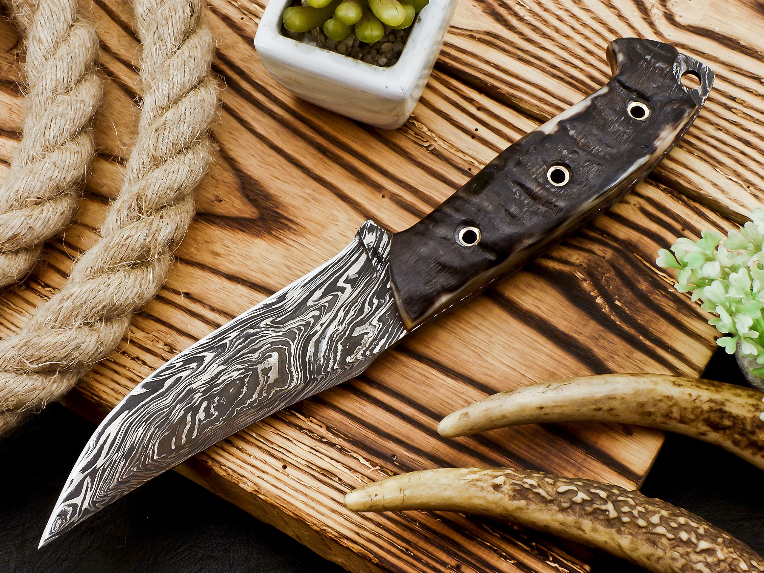 Handmade Damascus Hunting Knife with Sheath for Belt – 10 inches Fixed Blade full tang 1095 steel knife with Sheep Horn Handle