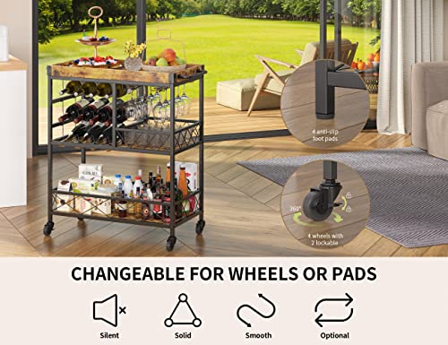 Gizoon 3 Tier 38" Home Bar Serving Cart with Large Storage Space, Mobile Kitchen Storage Trolley with Lockable Wheels, 12 Wine Rack, Glass Holder, Removable Tray (Retro)