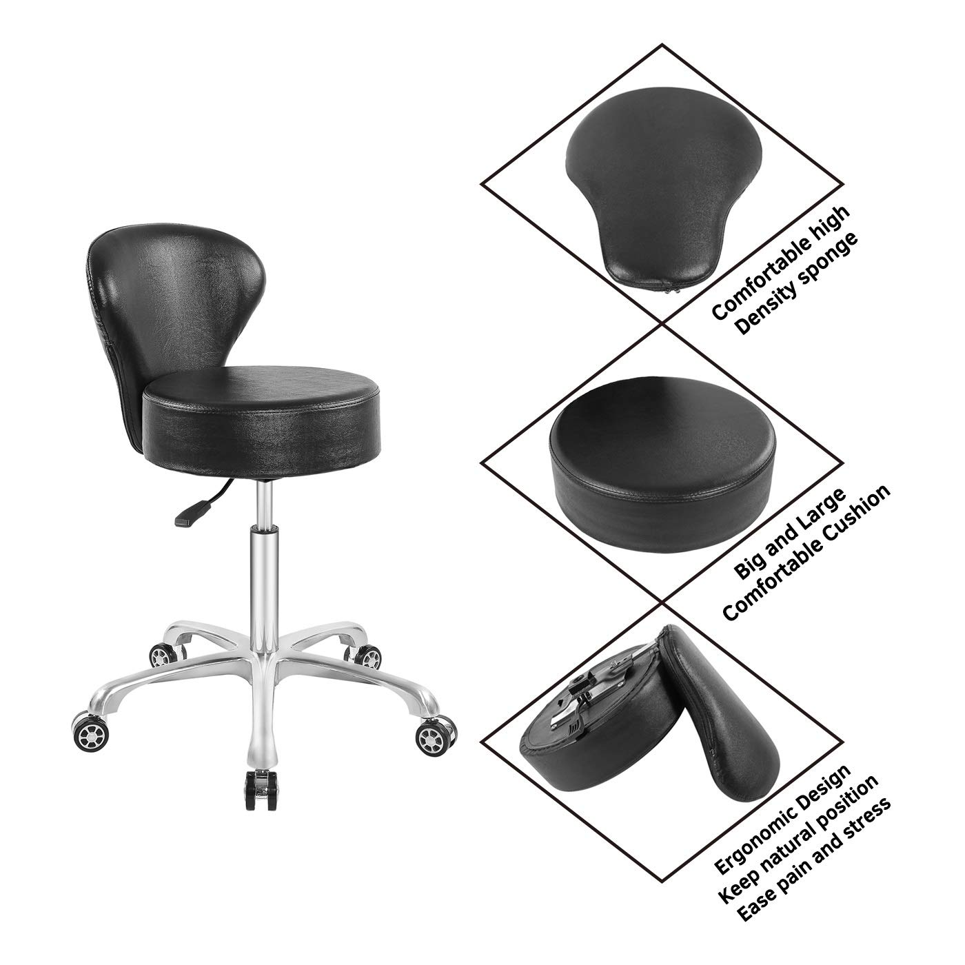 Hydraulic Rolling Stool Desk Chair Drafting Adjustable with Backrest Heavy Duty for Office Kitchen Medical Dentist Shop and Home (Without Footrest)