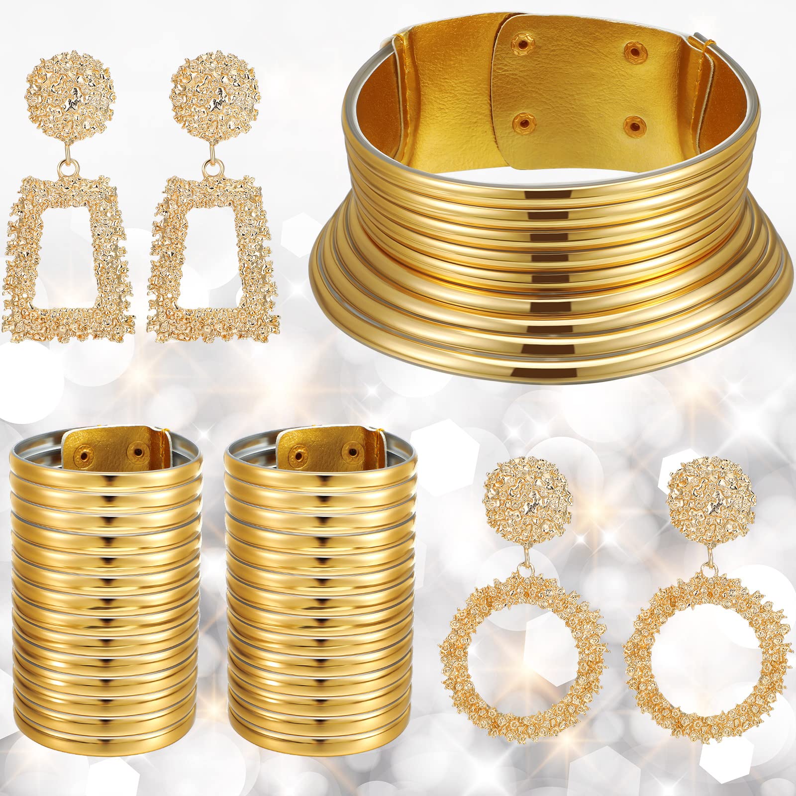 Junkin 5 Pieces African Vintage Jewelry Set Includes Statement Choker Egypt Gold Tone Long Neck Collar Leather Bracelet Stud Earring for Women