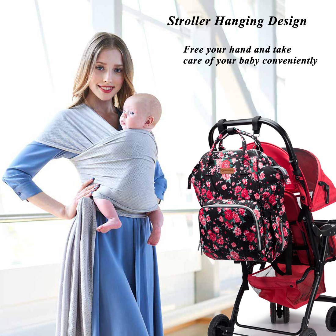 hopopower Diaper Bag Backpack, Diaper Bag with USB Charging Port for Mom & Dad, Large Multifunction Baby Nappy Changing Bags,Waterproof & Stylish, Floral