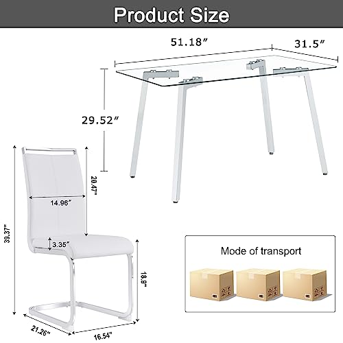 Glass Dining Table Set for 4,Rectangle Dinner Table with 4 White Leather Kitchen Chairs,51 in Kitchen Room Dining Set,0.31β Tempered Glass Table Top with Silver Metal Legs,4 Dining Chairs