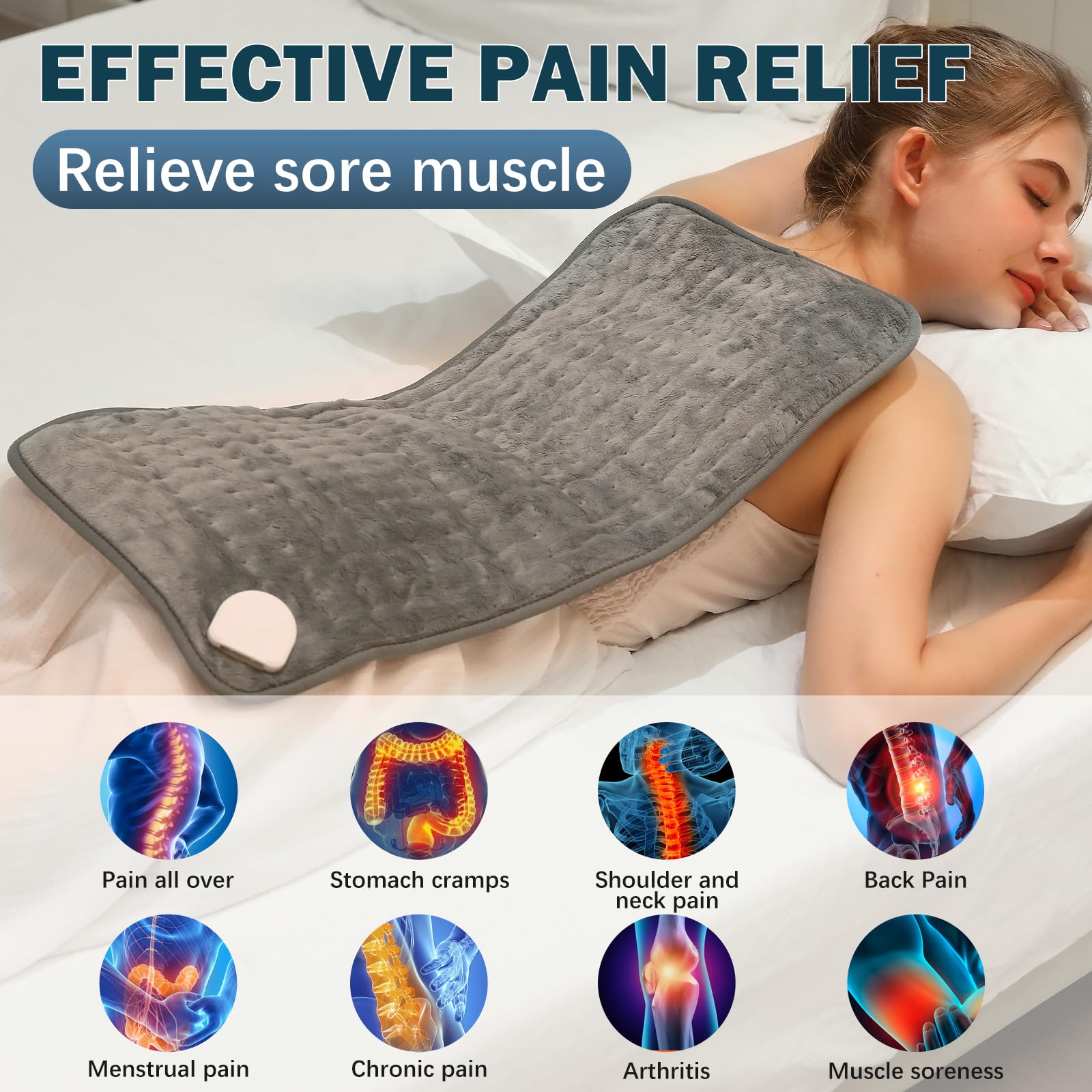 Heating Pad, Electric Heating Pad for Back Pain & Cramps, Neck & Shoulder, DJIOWEUE Heating Pads with Automatic Closing Function, 6 Modes, Wet Heating Option,Christmas Gifts 12''x24'' (Gray)
