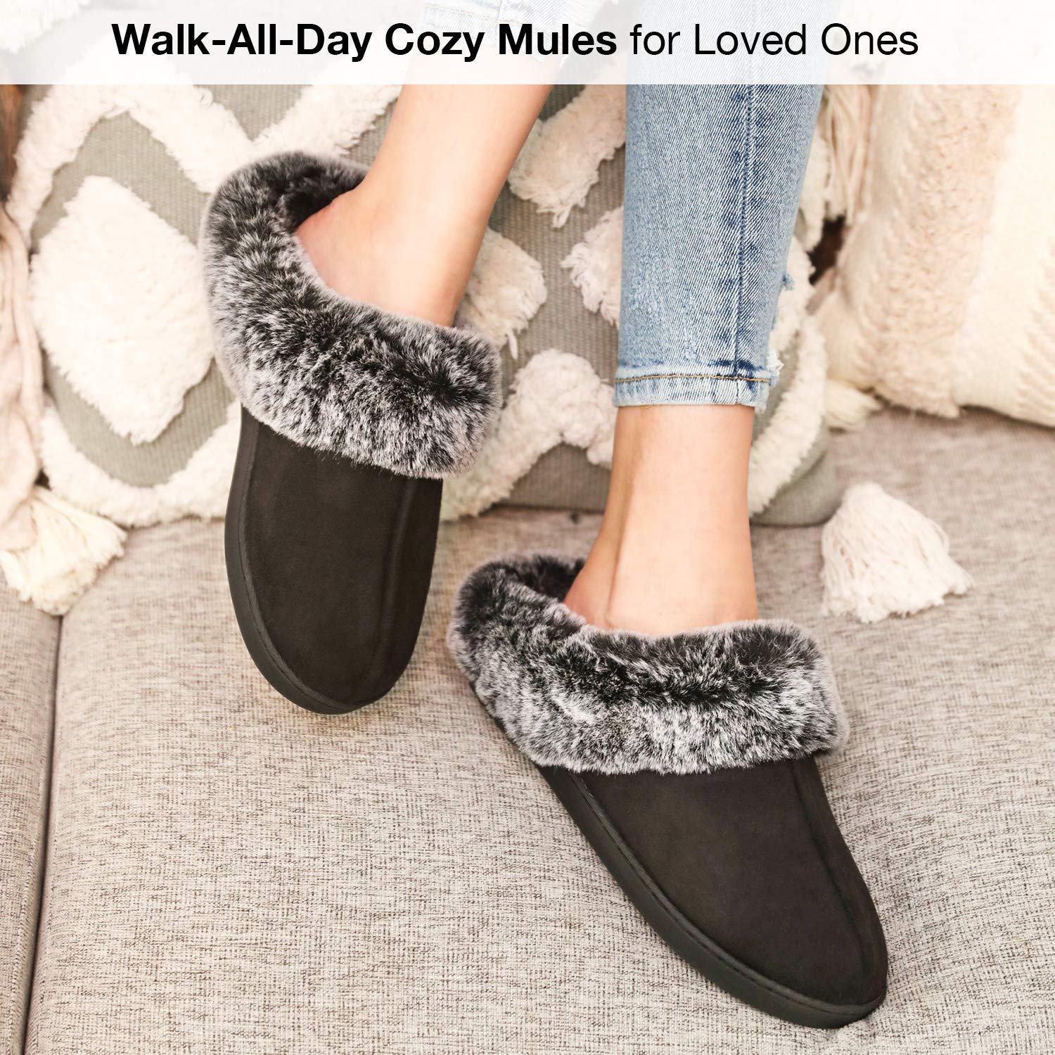 HomeTop Women's Classic Microsuede Memory Foam Slippers Durable Rubber Sole with Warm Faux Fur Collar (9-10 M, Black)