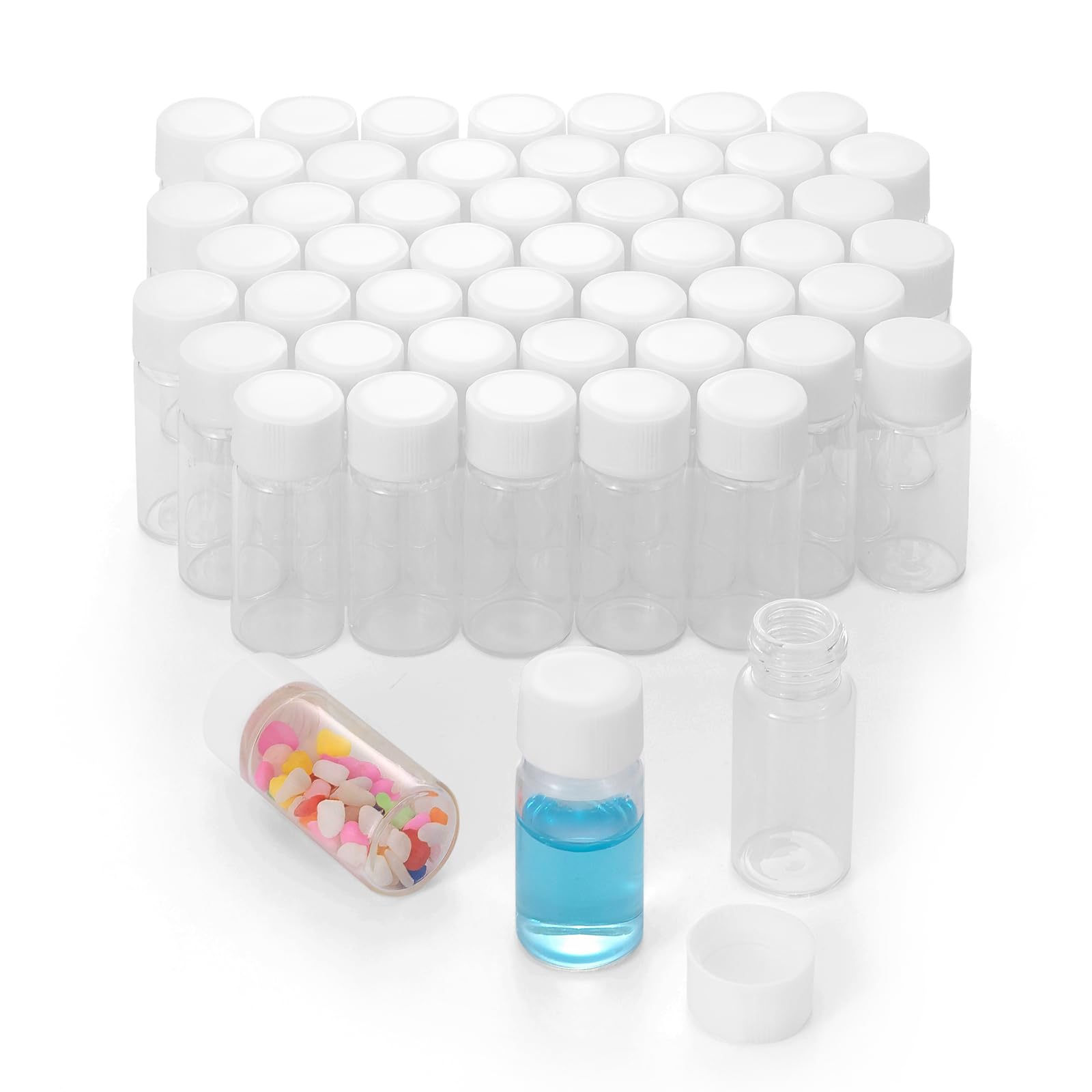 Njvial 50Pcs 5ml Small Glass Vials with White Lids Lab Sample Vials Empty Refillable Perfume Travel Mini Glass Bottles with Screw Caps for Essential Oils