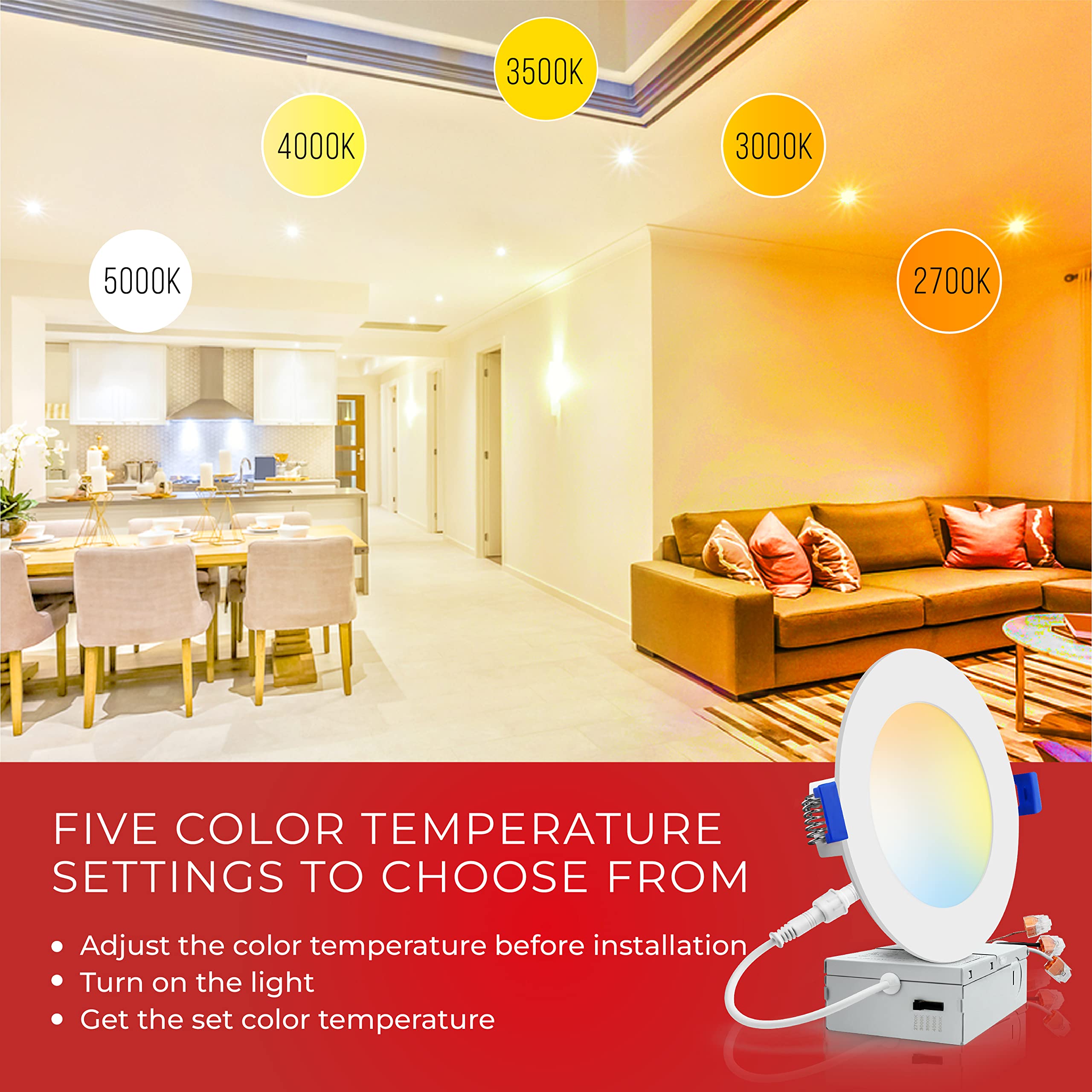 Quaser 6-Pack 6inch LED Recessed Light with Junction Box - 5 Different Color Temperatures CRI 85> 13W Dimmable 1080LM Canless LED Recessed Light - ETL Energy Star Certified