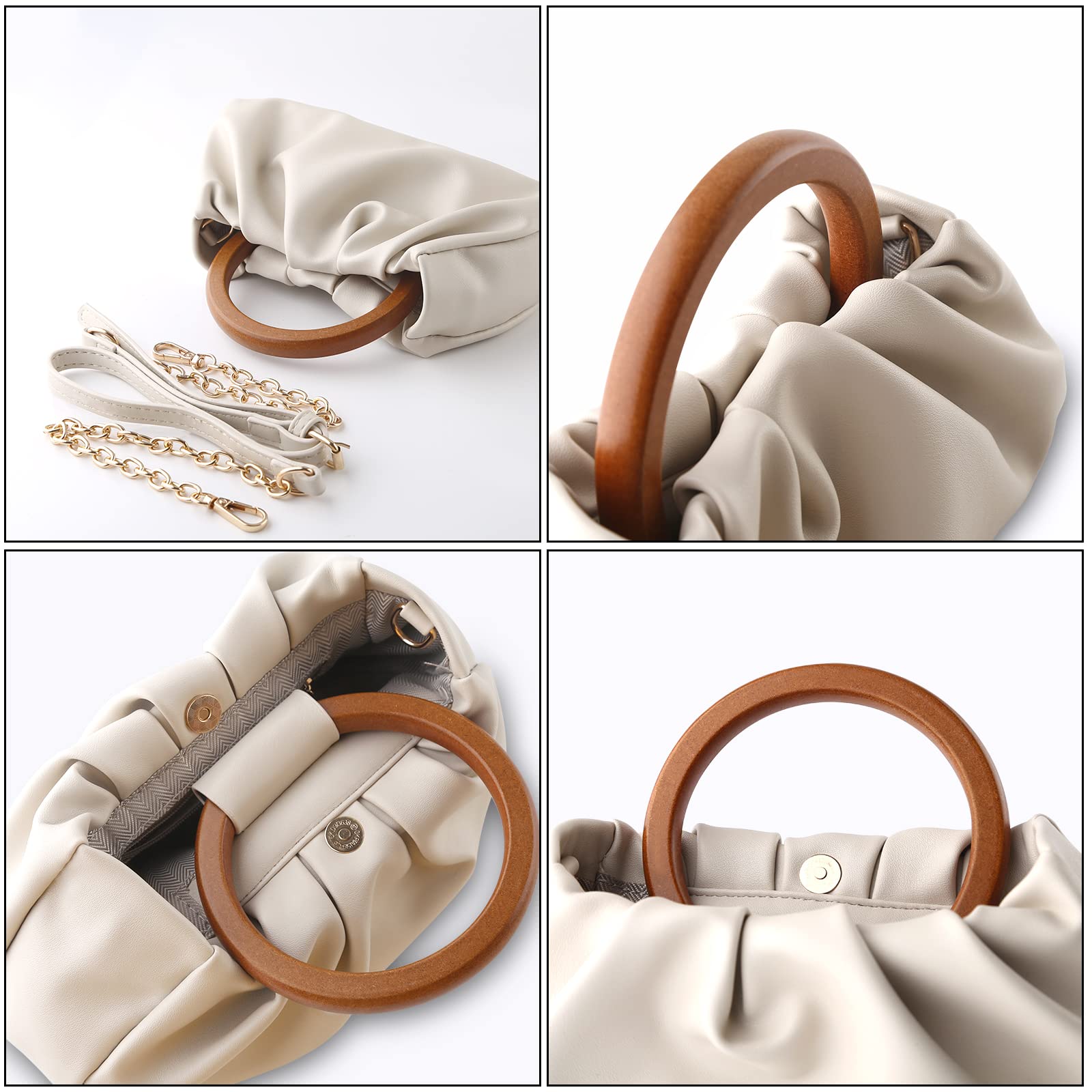 Konikit Cloud Dumpling Bag with Wooden Handle for Women, Soft Clutches Pleated Crossbody Bag, Chain Shoulder Handbag White