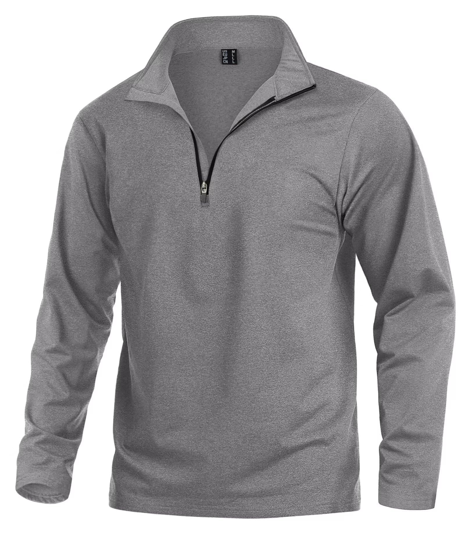 KEFITEVD Mens Workout Shirts Long Sleeve Golf Tops Athletic Shirts Fleece Lined Sweatshirt Quarter Zip Golf Shirts Gym Shirts Light Grey
