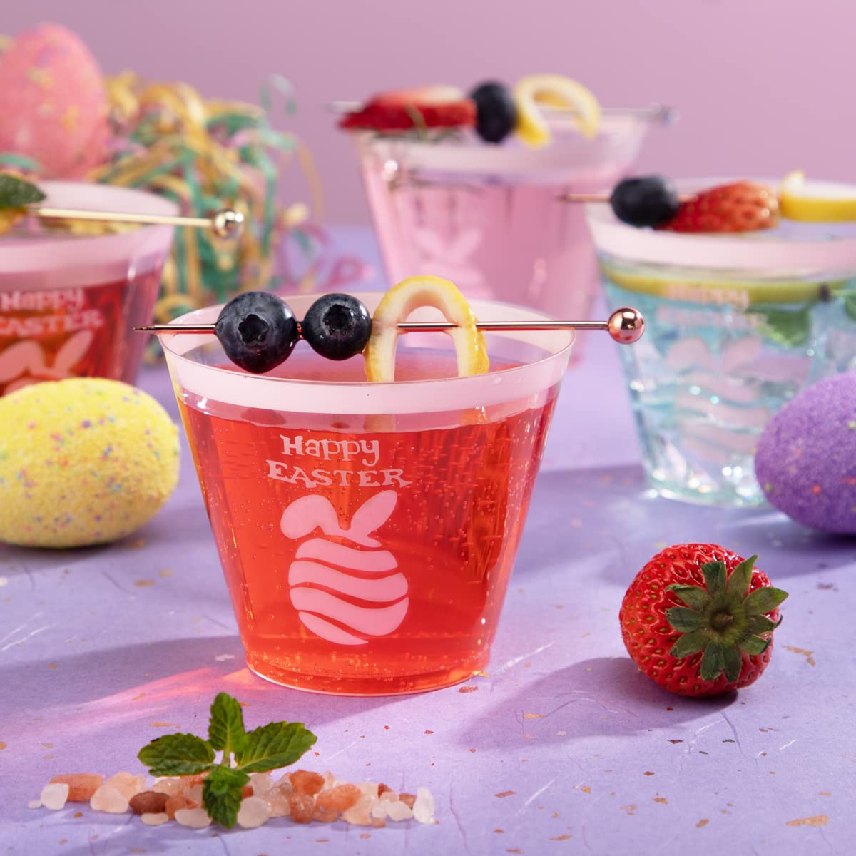 I00000 100Pack Happy Easter Pink Plastic Cups, 9 Oz Clear Disposable Cups Pink Party Cups Plastic Wine Cups Drink Cups Cocktail Glasses with Happy Easter Bunny Ears Eggs Design for Party Celebration