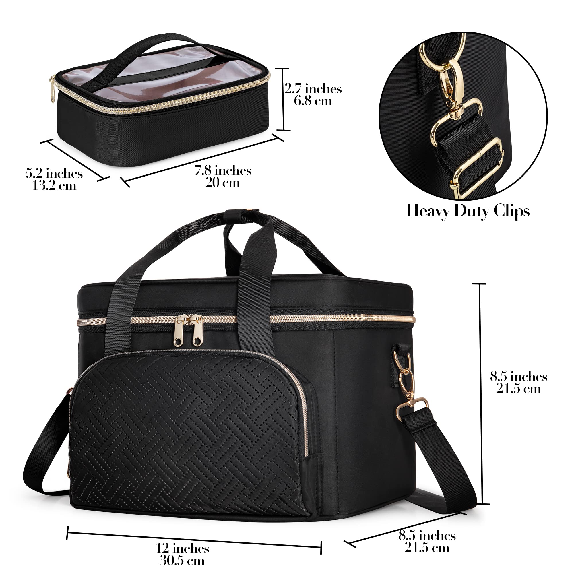 Prokva Travel Makeup Bag with 2 Pouches and Adjustable Dividers, Large Cosmetic Case Make up Organizer for Women Fits Bottles Vertically, Black (Patented Design)