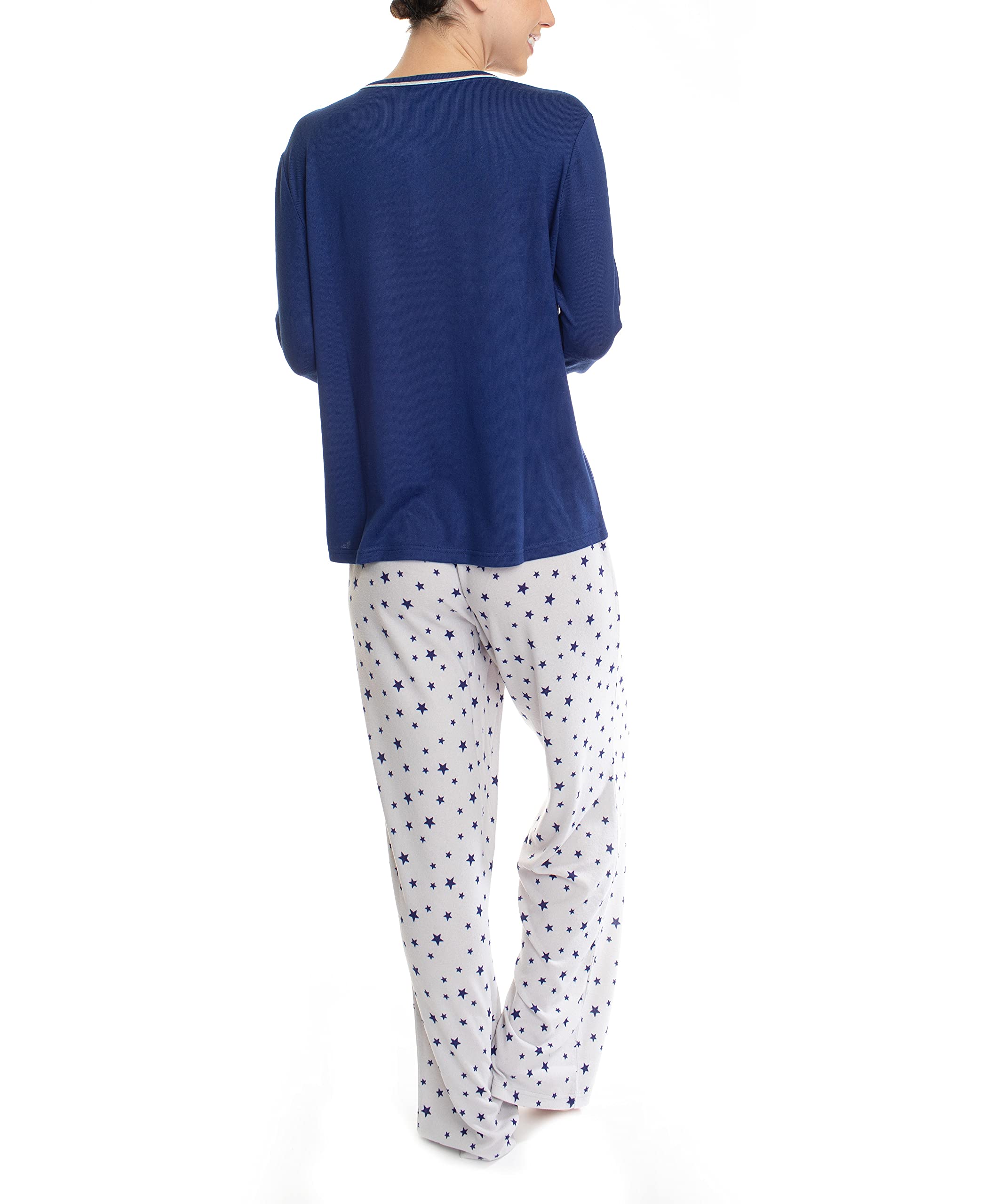 Hanes Women's Dreamscape Longsleeve Top and Pajama Bottom Butter Knit Sleep and Lounge Set, Blue/Star, Small