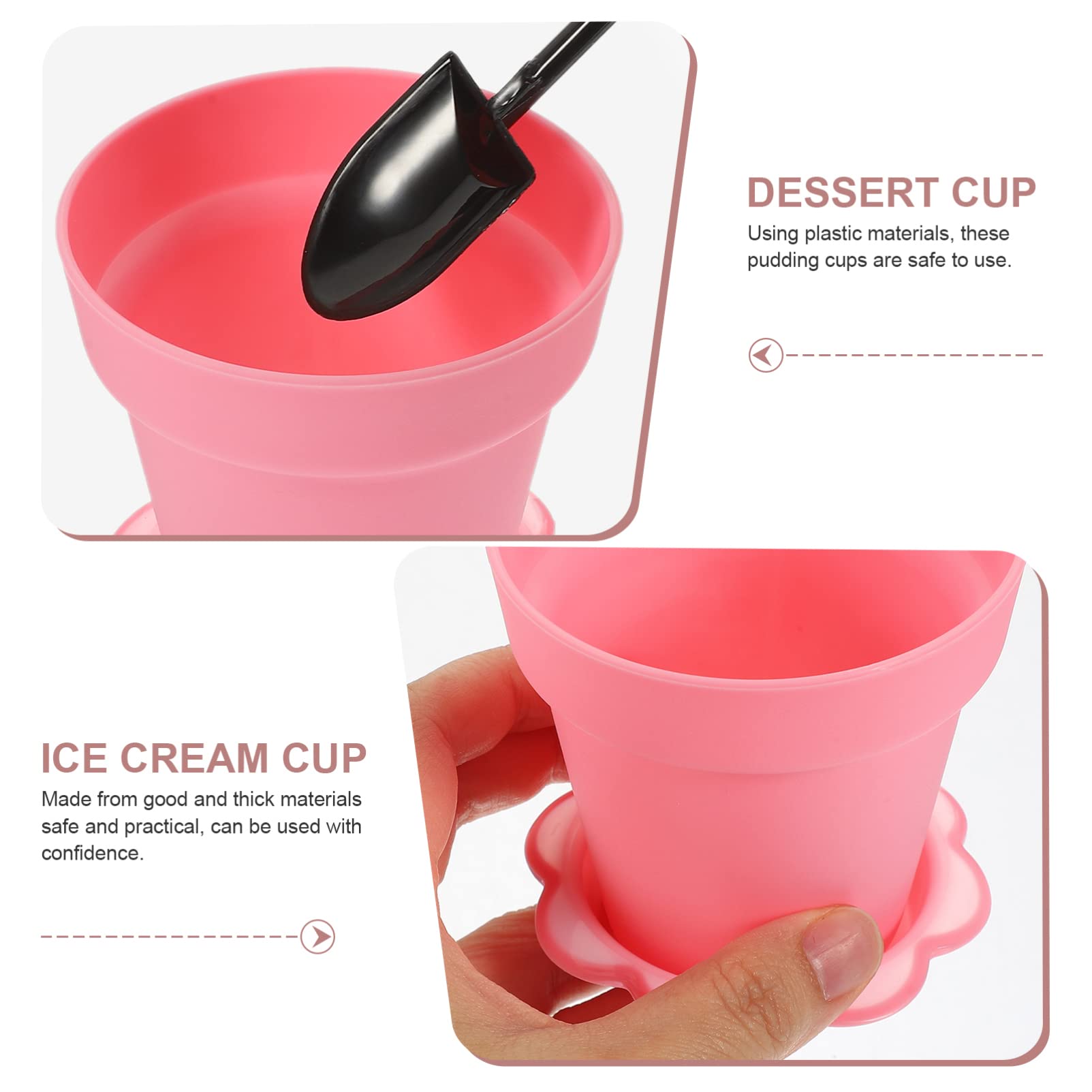 Kichvoe Flower Pot Dessert Cups 25 Sets Novelty Ice Cream Cups with Dome Lids Shovel Spoon for Appetizer Mousse Parfait Yogurt Pink