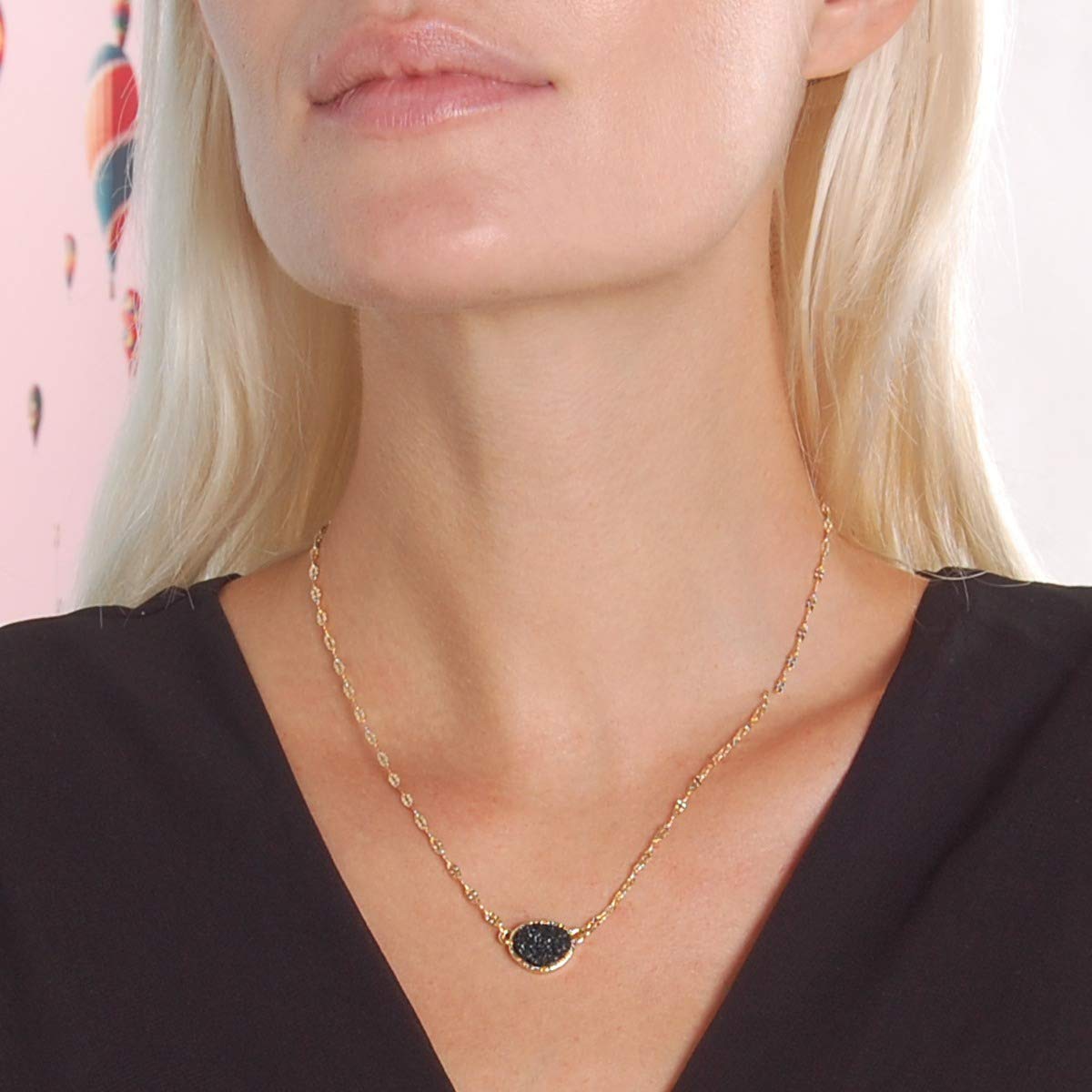 Humble Chic Simulated Druzy Delicate Necklace for Women - Boho Dainty Chain-Link Simple Pendant - Bohemian Sparkly Created Geode Charm, Gold - Black Stone