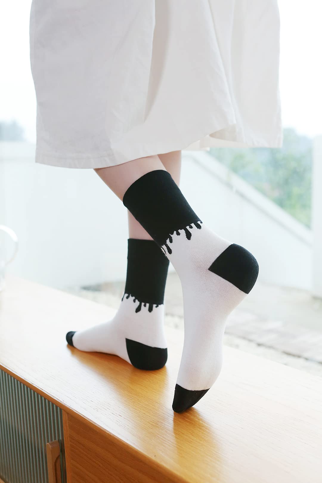 Joylife Cow Pattern Crew Socks Novelty Black White Quartz Socks Striped Checkered Dress Socks for Women, Lady, Girls, 7 Pack