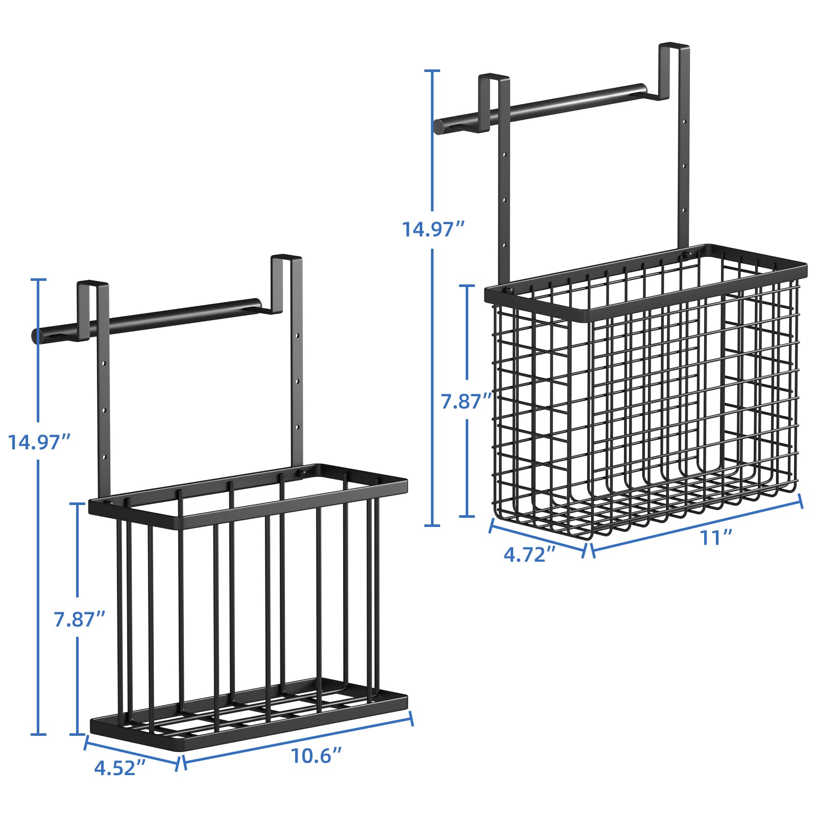 iNUREYE 2 Pack Cabinet Door Organizer, Kitchen Wall Mount Storage Basket, Cutting Board Organizer with Towel Bar, Over The Cabinet Door Organizer with Towel Rack Black