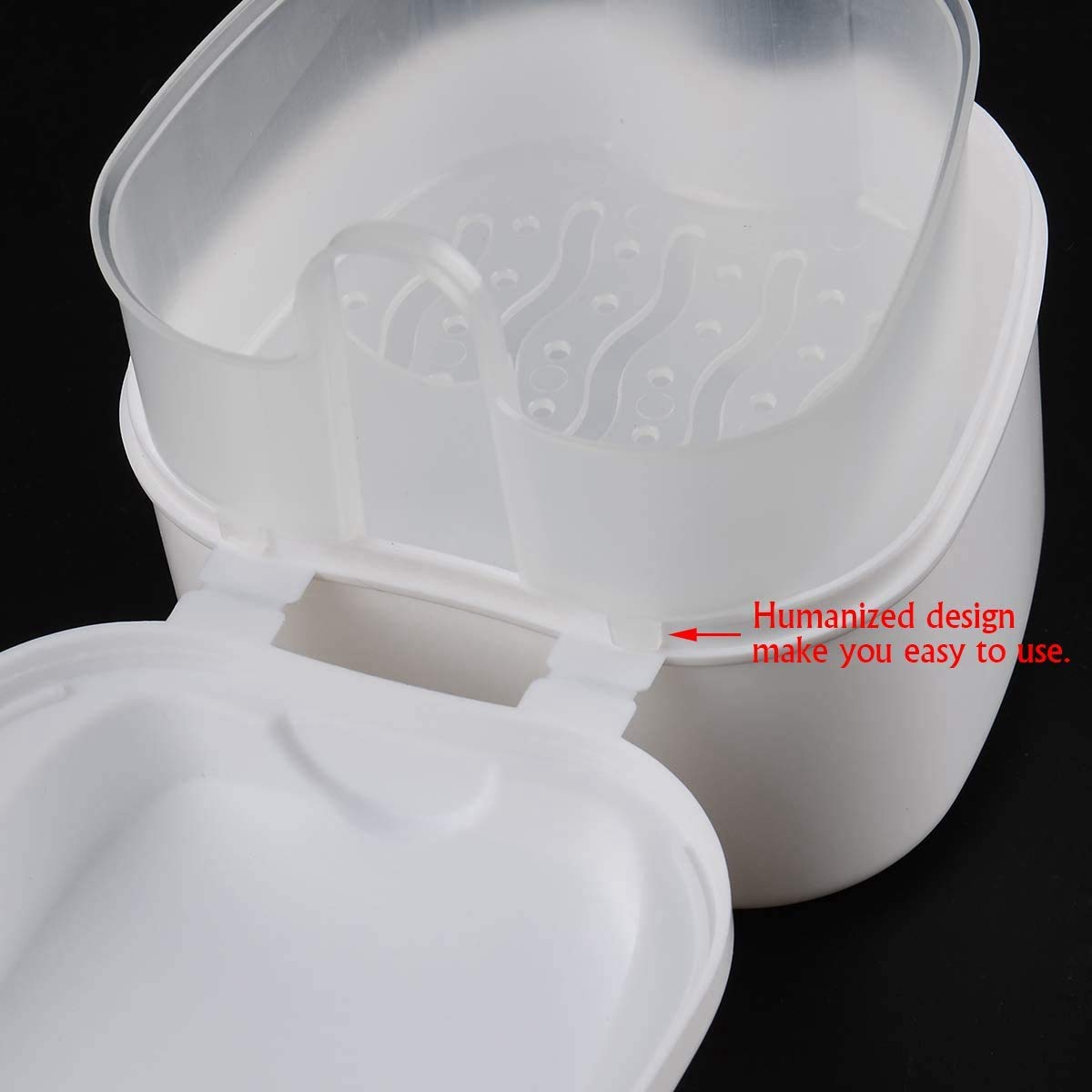 QULIT White Denture Case, Denture Cup with Strainer, Denture Bath Box Teeth Storage Box with Basket Net Container Holder for Travel