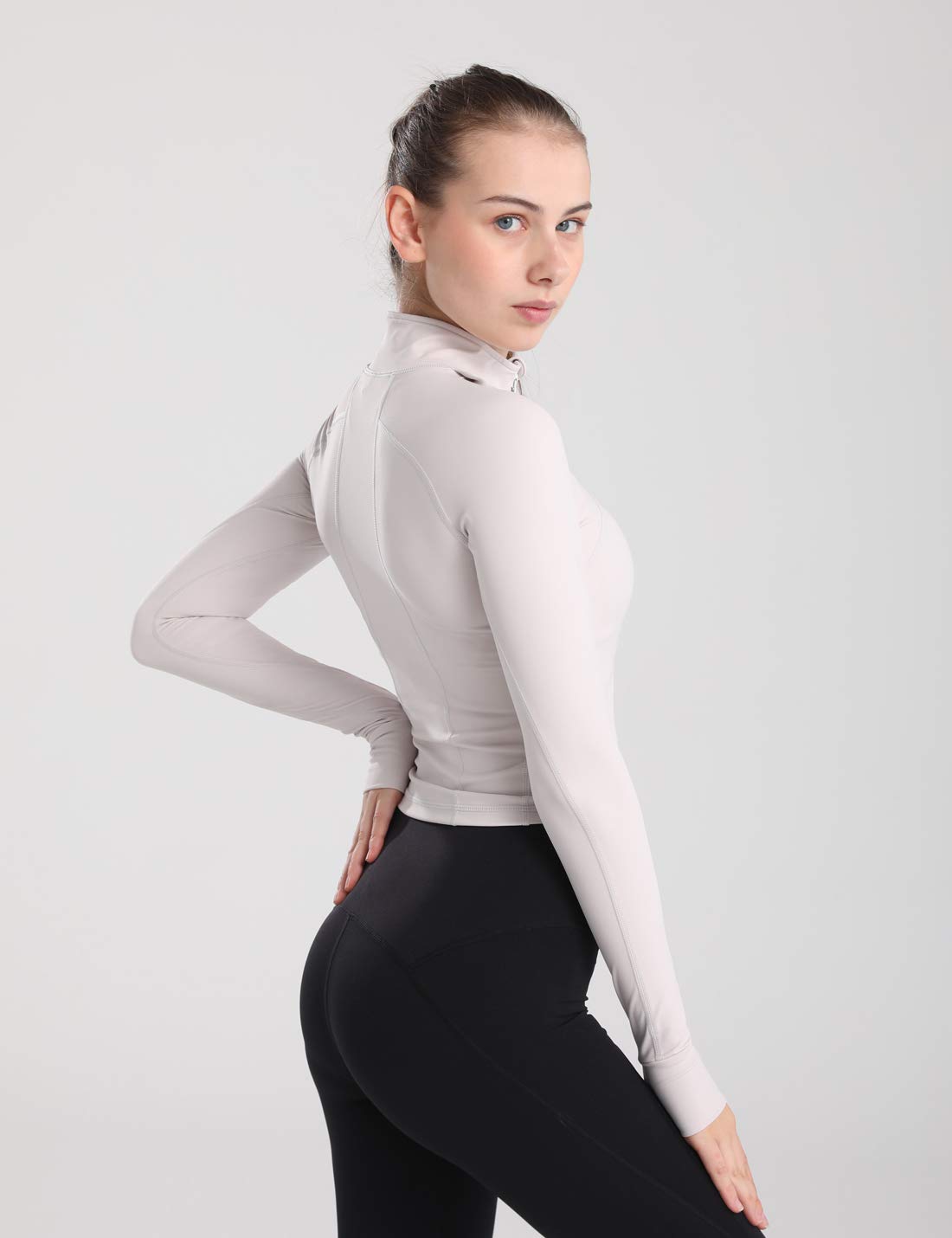Locachy Women's Slim Fit Half Zip Workout Yoga Jacket Athletic Running Track Tops with Thumb Holes White Medium