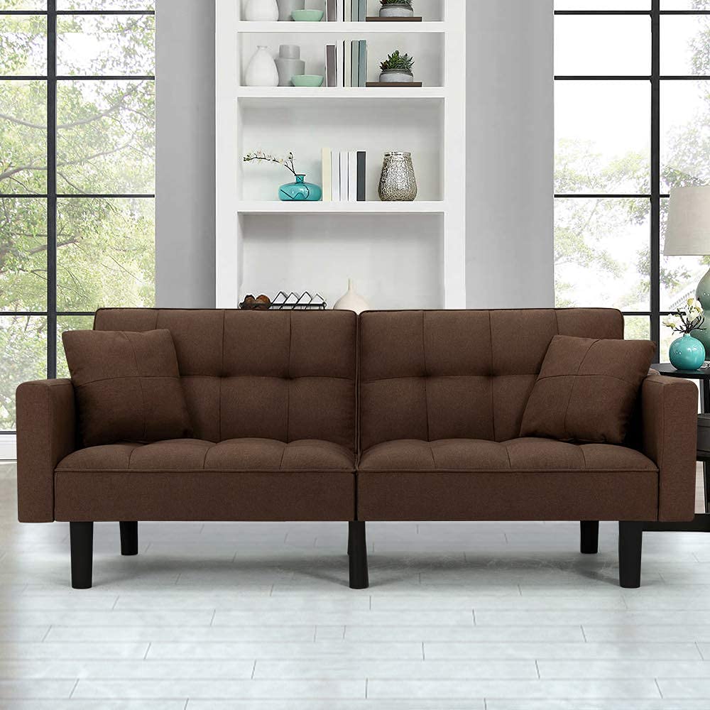 HOMHUM Convertible Sleeper Sofa Bed Modern Linen Fabric Couch Bed Futon Sofa Bed with 2 Pillows for Living Room, Apartment, Guest Room, Elegant Brown